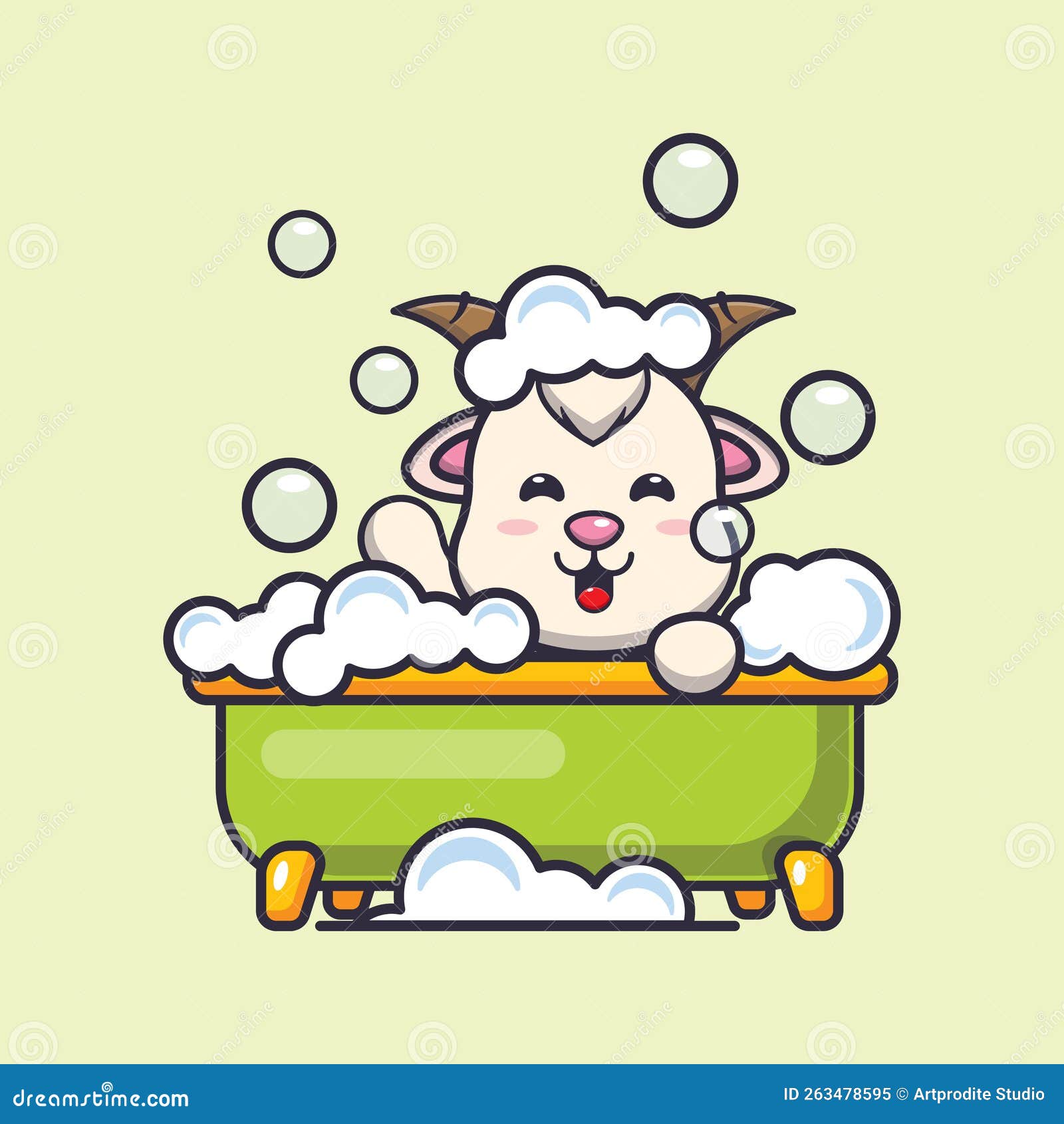 Cute Goat Taking Bubble Bath in Bathtub Cartoon Vector Illustration ...
