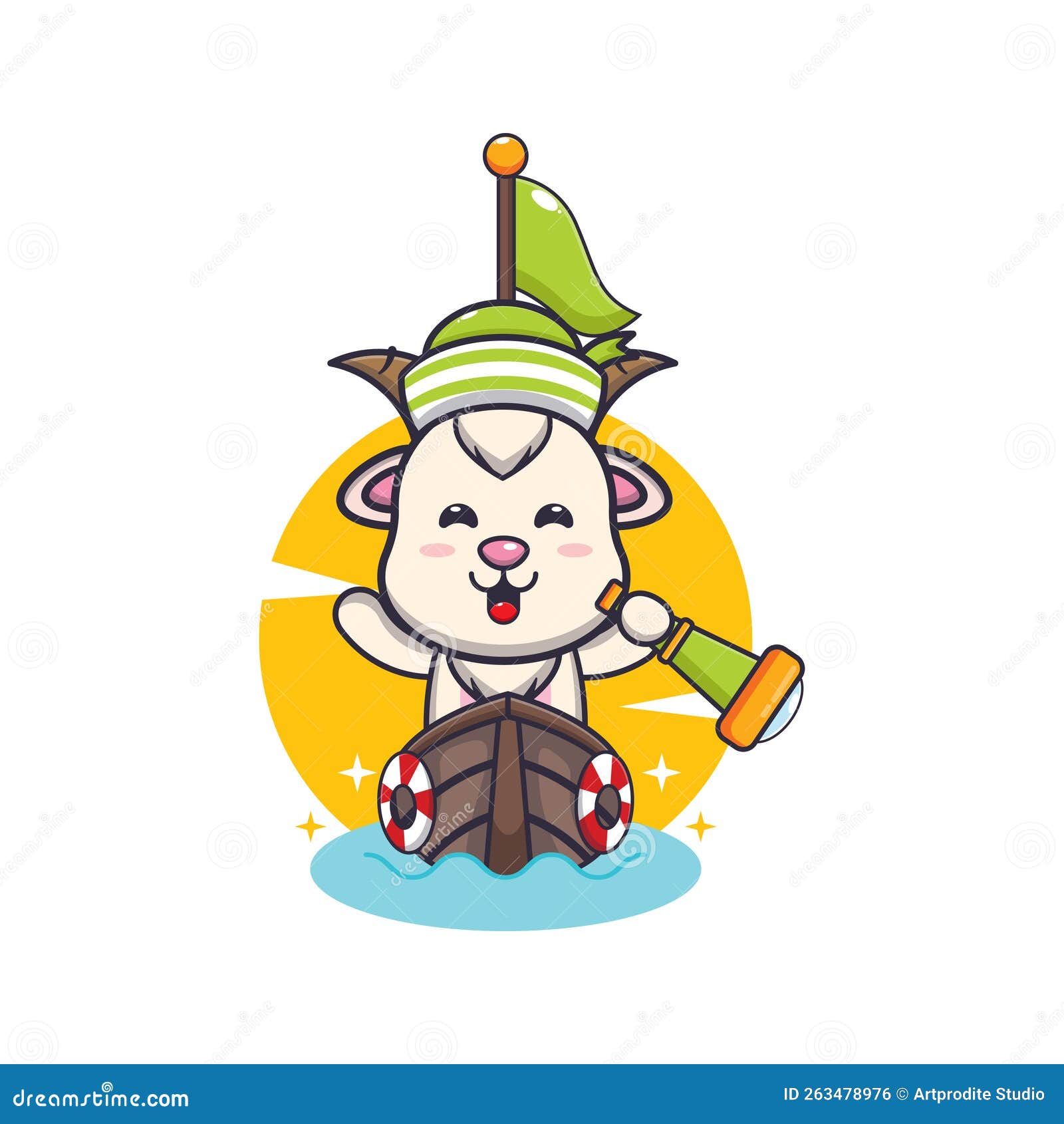 Cute Goat Mascot Cartoon Character on the Boat. Stock Vector ...