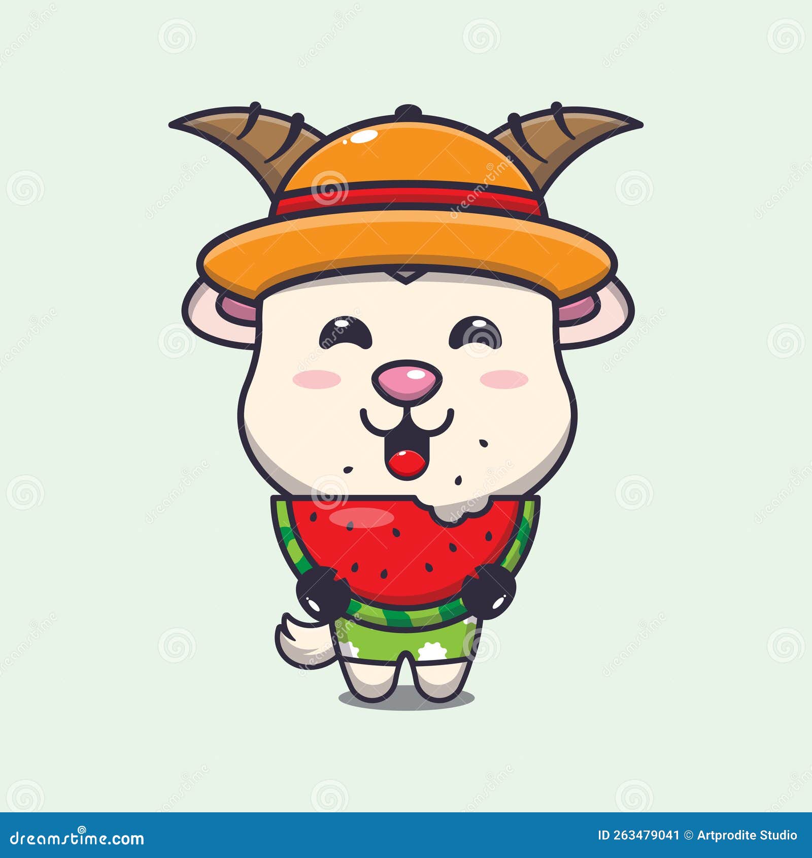 Cute Goat Eating Fresh Watermelon Cartoon Illustration. Stock Vector ...