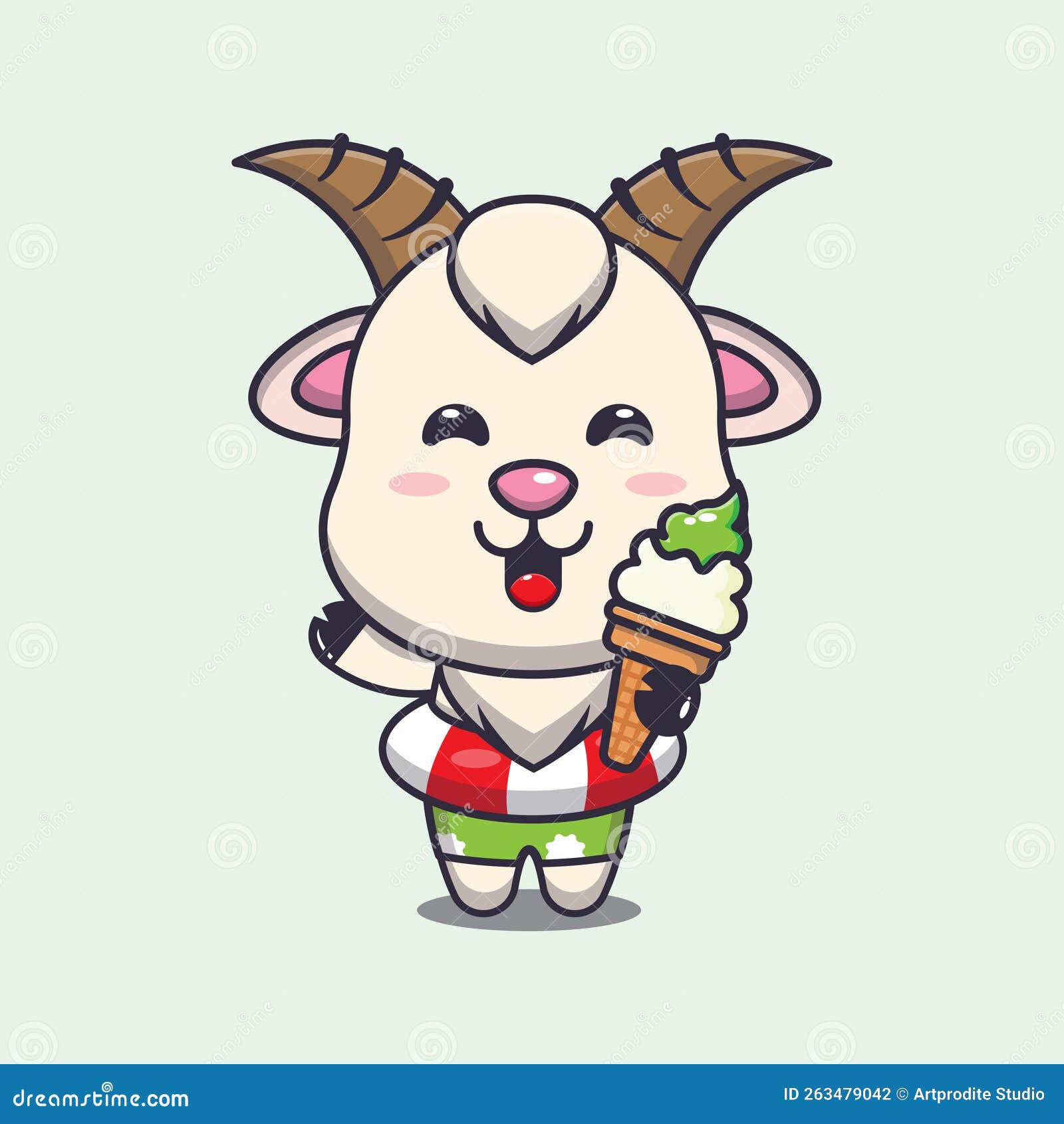 Cute Goat with Ice Cream on Beach Cartoon Illustration. Stock Vector ...