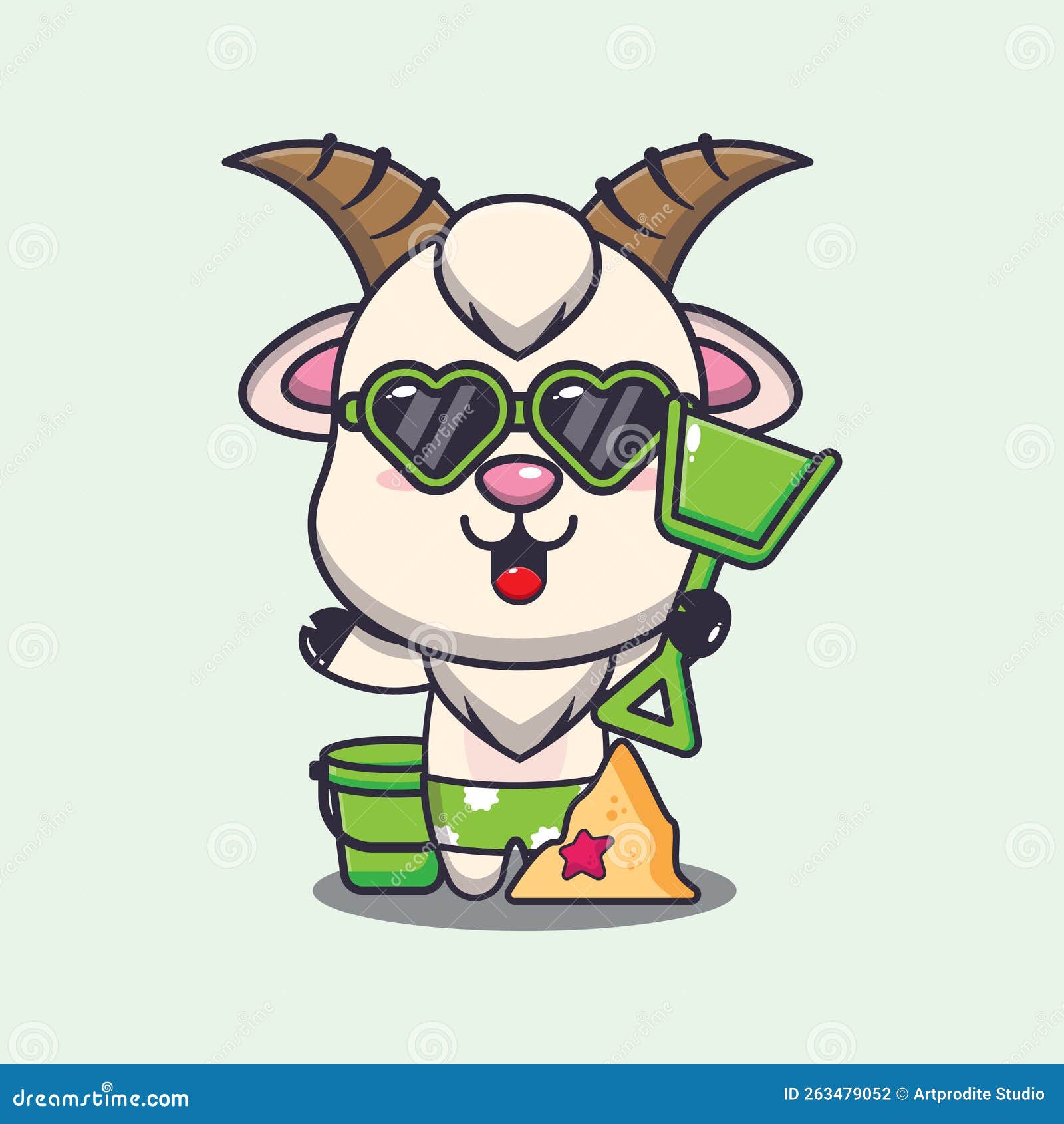 Cute Goat in Sunglasses Play Sand Beach Cartoon Illustration. Stock ...