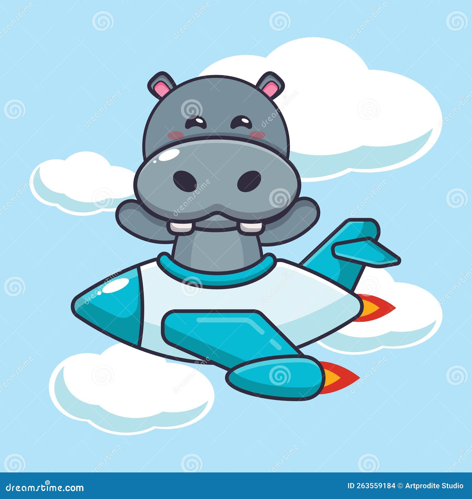 Cute Hippo Mascot Cartoon Character Ride on Plane Jet. Stock Vector ...