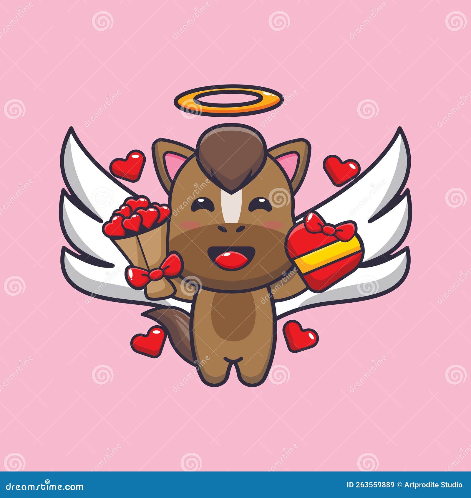 Cute Horse Cupid Cartoon Character Holding Love Gift and Love Bouquet ...