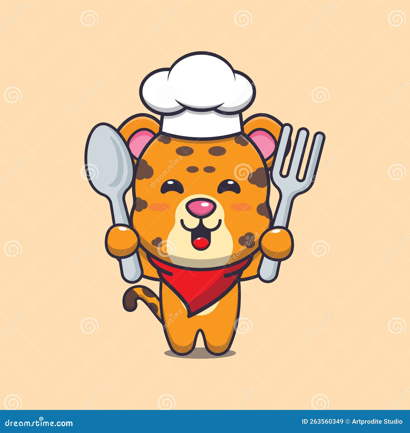 Cute Chef Leopard Mascot Cartoon Character Holding Spoon and Fork ...