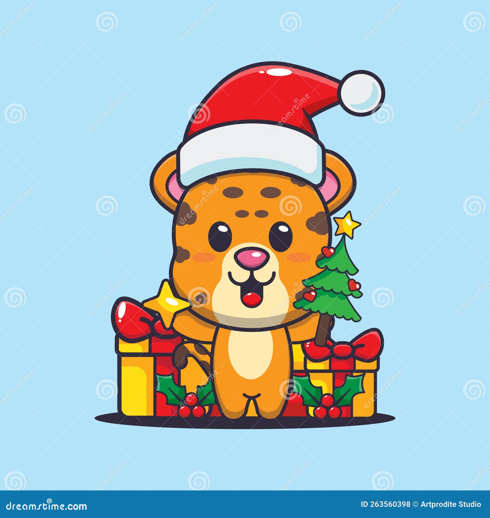 Cute Leopard Holding Star and Christmas Tree. Cute Christmas Cartoon ...