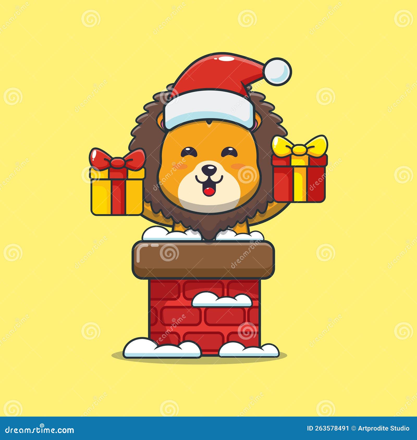 Cute Lion with Santa Hat in the Chimney. Cute Christmas Cartoon ...