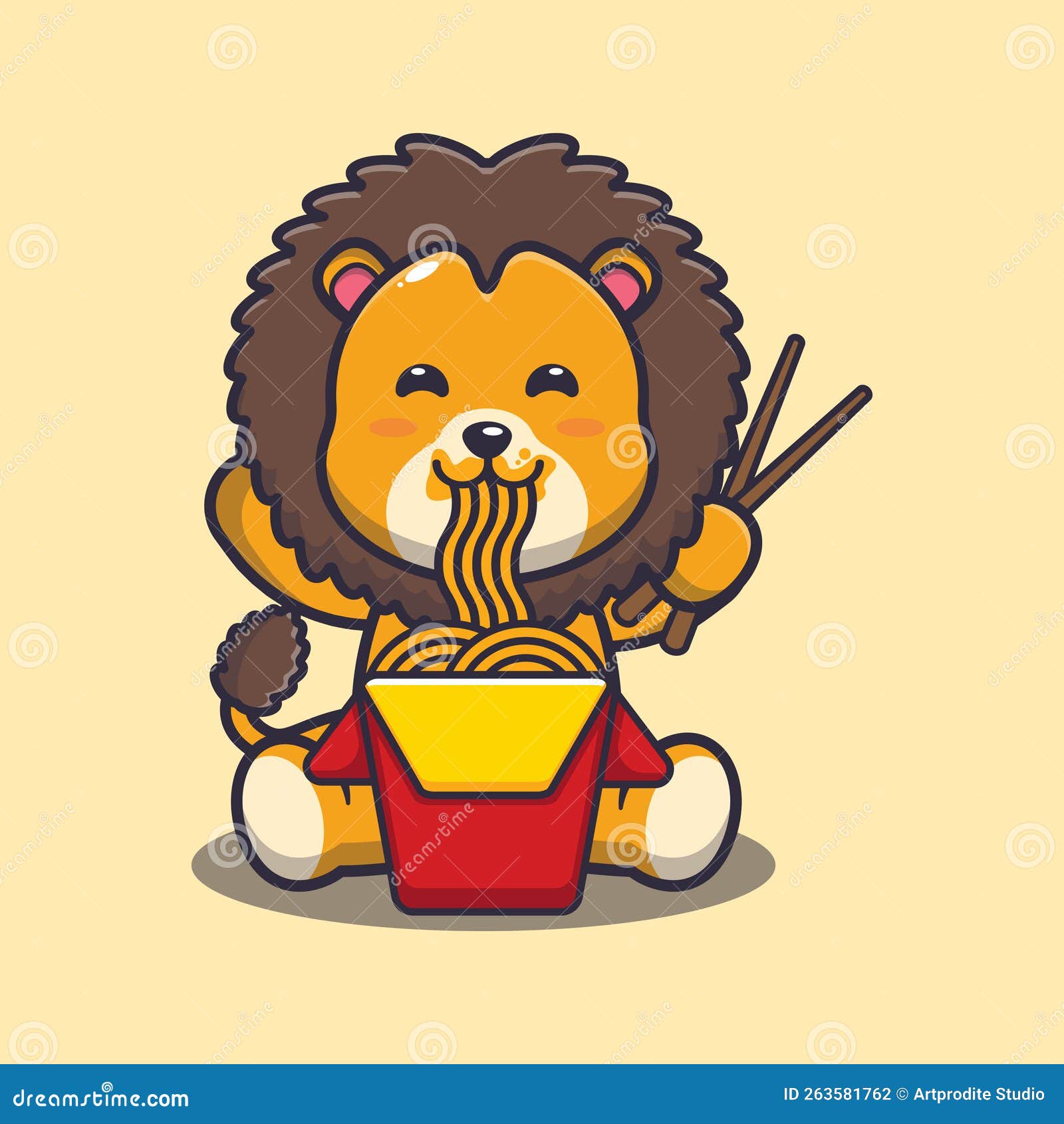 Cute Lion Eating Noodle Cartoon Vector Illustration. Stock Vector ...