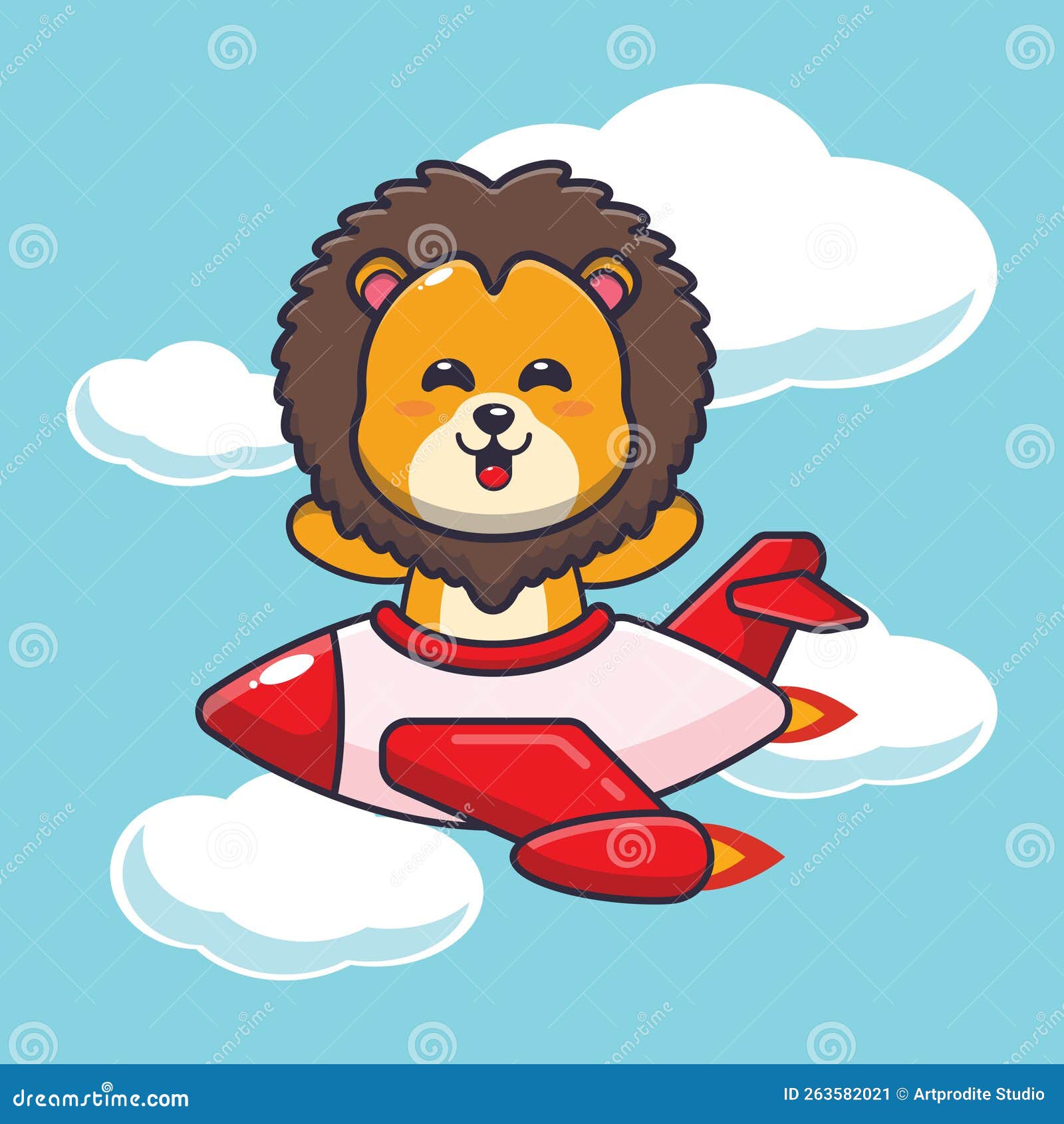 Cute Lion Mascot Cartoon Character Ride on Plane Jet. Stock Vector ...