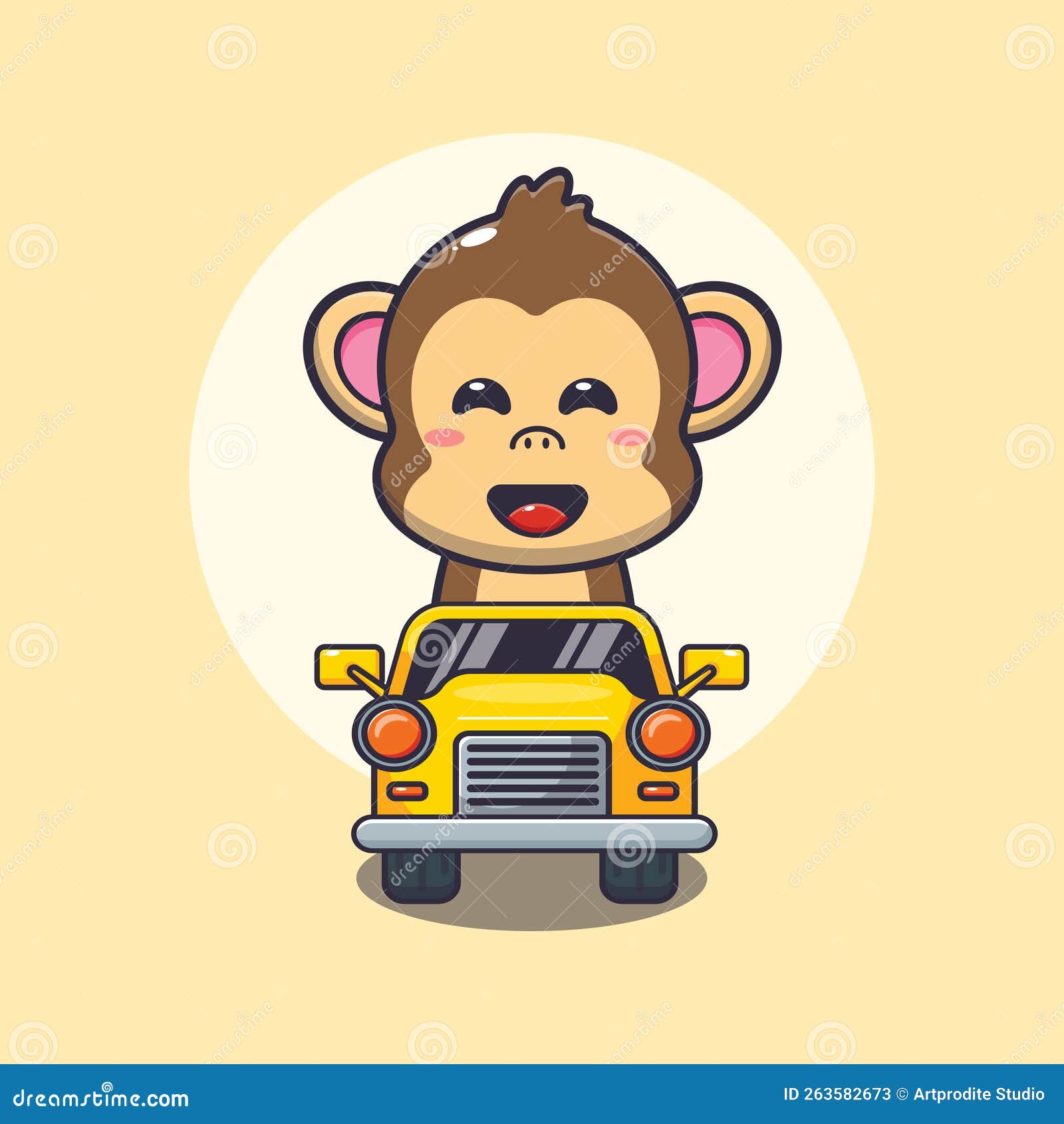 Cute Monkey Mascot Cartoon Character Ride on Car. Stock Vector ...