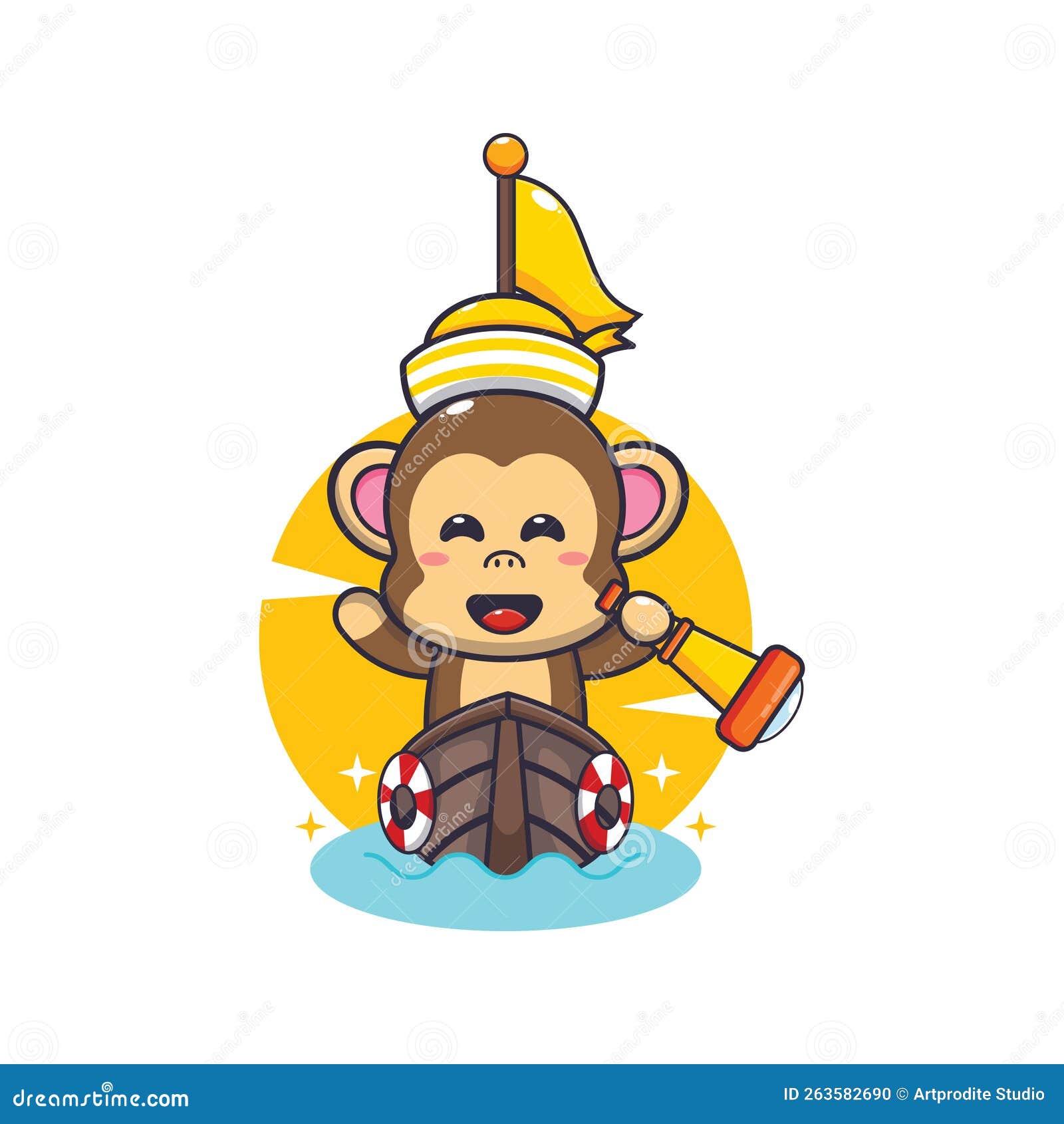 Cute Monkey Mascot Cartoon Character on the Boat. Stock Vector ...