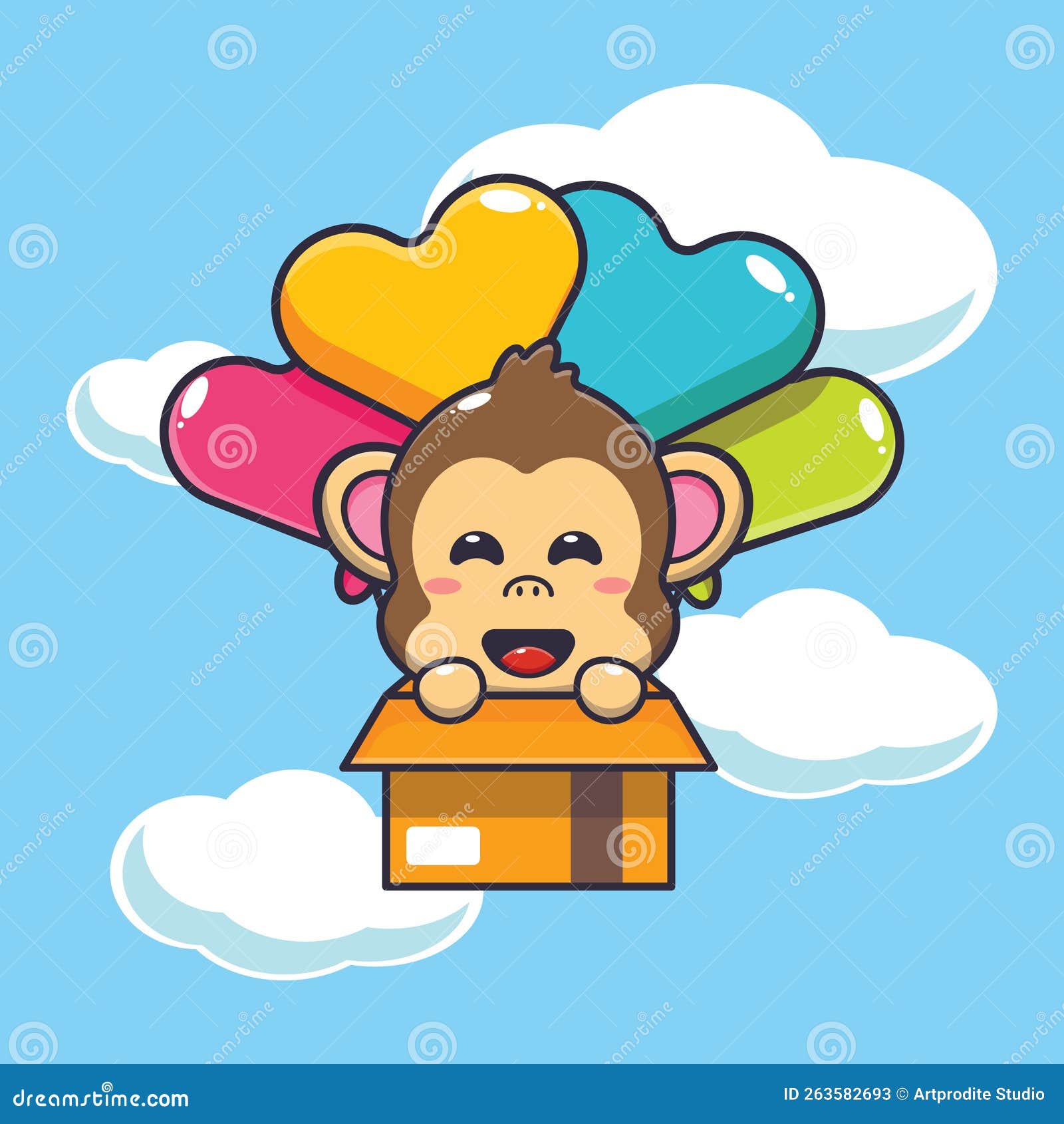 Cute Monkey Mascot Cartoon Character Fly with Balloon. Stock Vector ...