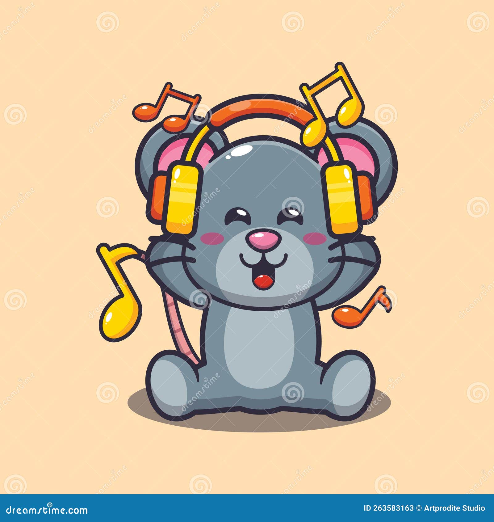 Cute Mouse Listening Music with Headphone Cartoon Vector Illustration ...