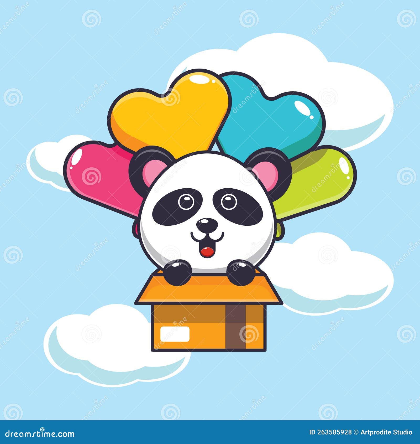 Cute Panda Mascot Cartoon Character Fly with Balloon. Stock Vector ...