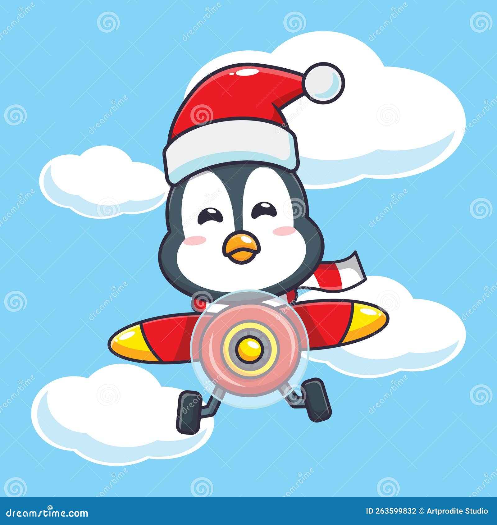 Cute Penguin Wearing Santa Hat Flying with Plane. Stock Vector ...