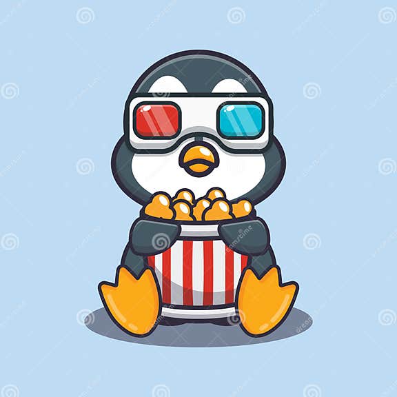 Cute Penguin Eating Popcorn and Watch 3d Movie. Stock Vector ...