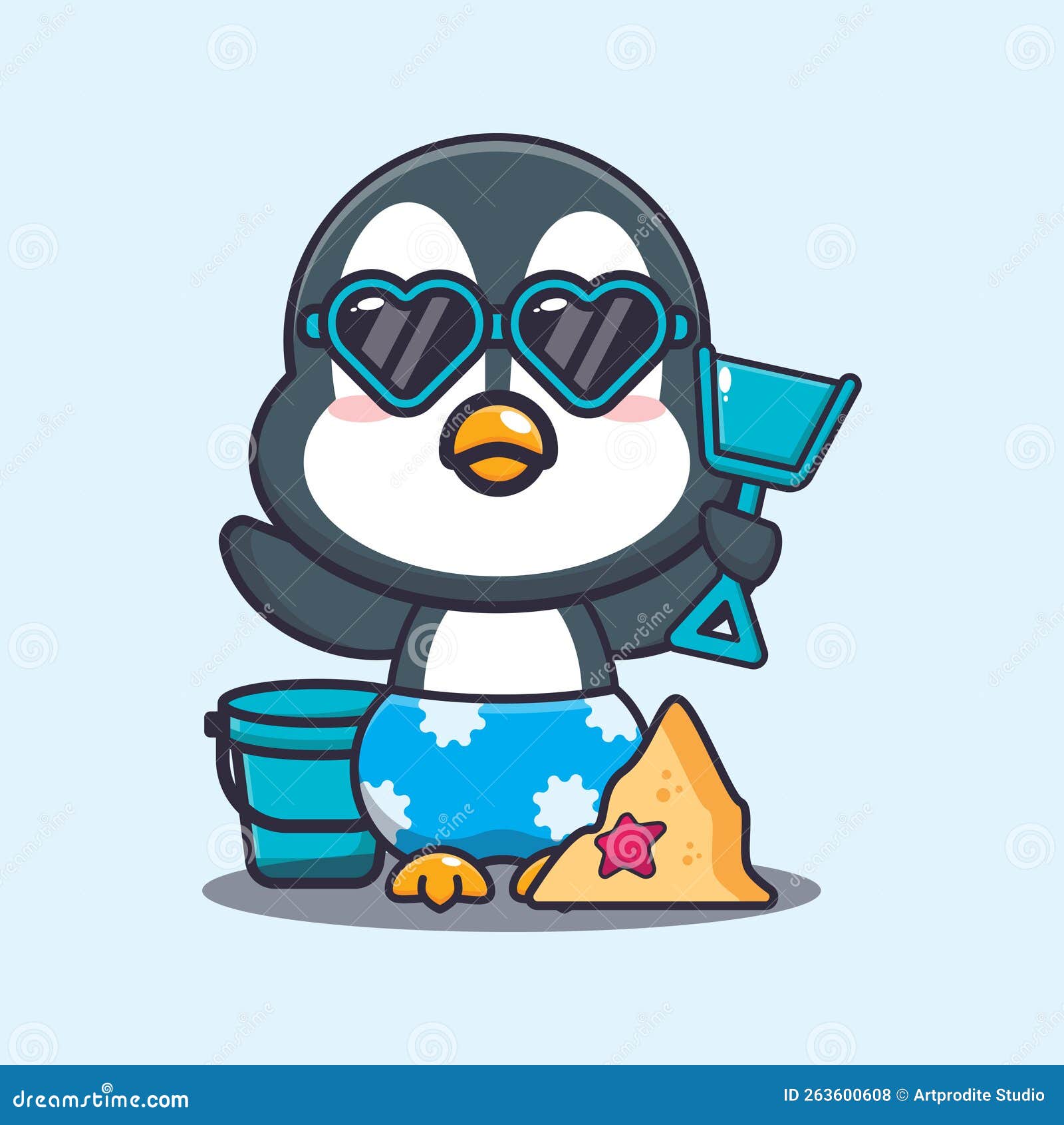 Cute Penguin in Sunglasses Play Sand Beach Cartoon Illustration. Stock ...