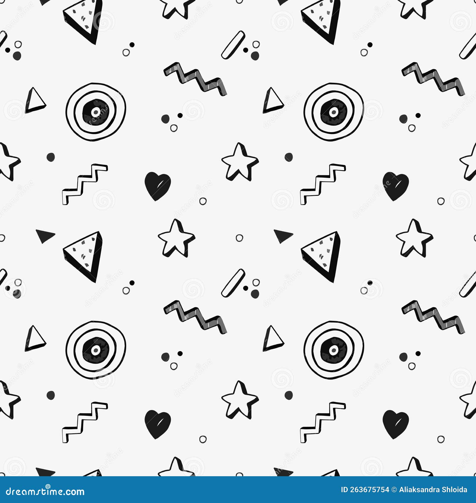 Retro Pattern with Doodles, Black and White, Retro Vibe, Doodle Hand ...