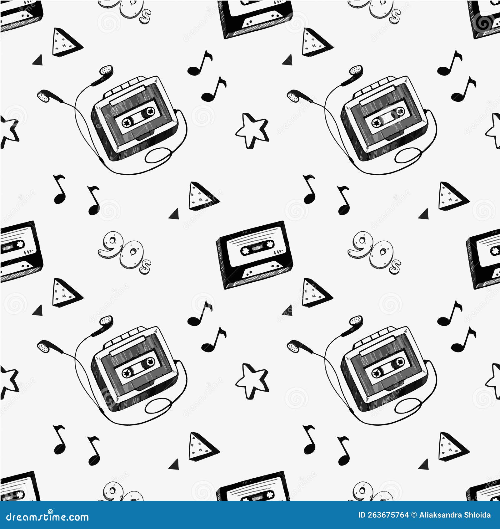 Cool 90s Vibe Music Pattern with Tapes, Stars, Vintage Player, Retro ...