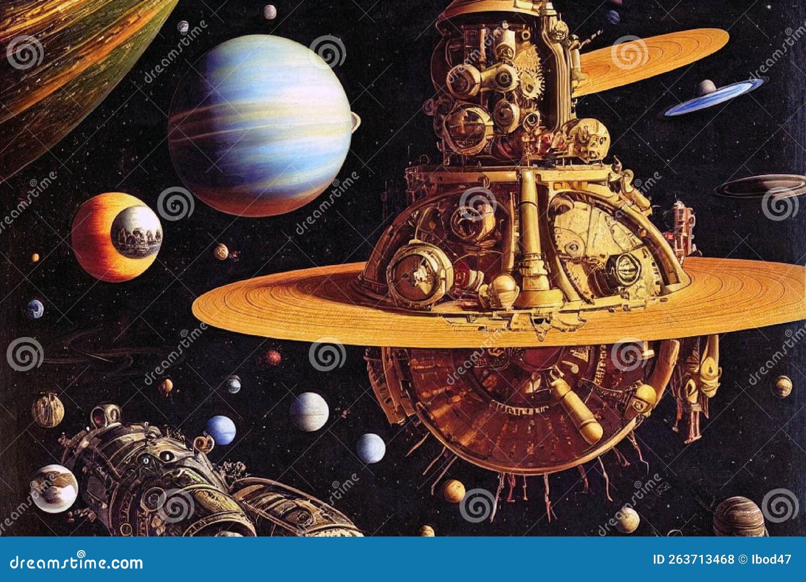 AI Generated Space Scene with Spaceship and Flying Saucers Stock ...