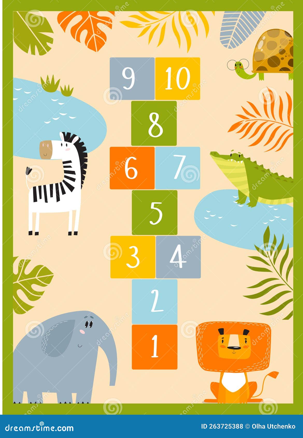 Print. Play Mat for Children with Tropical Animals and Numbers. Cute ...