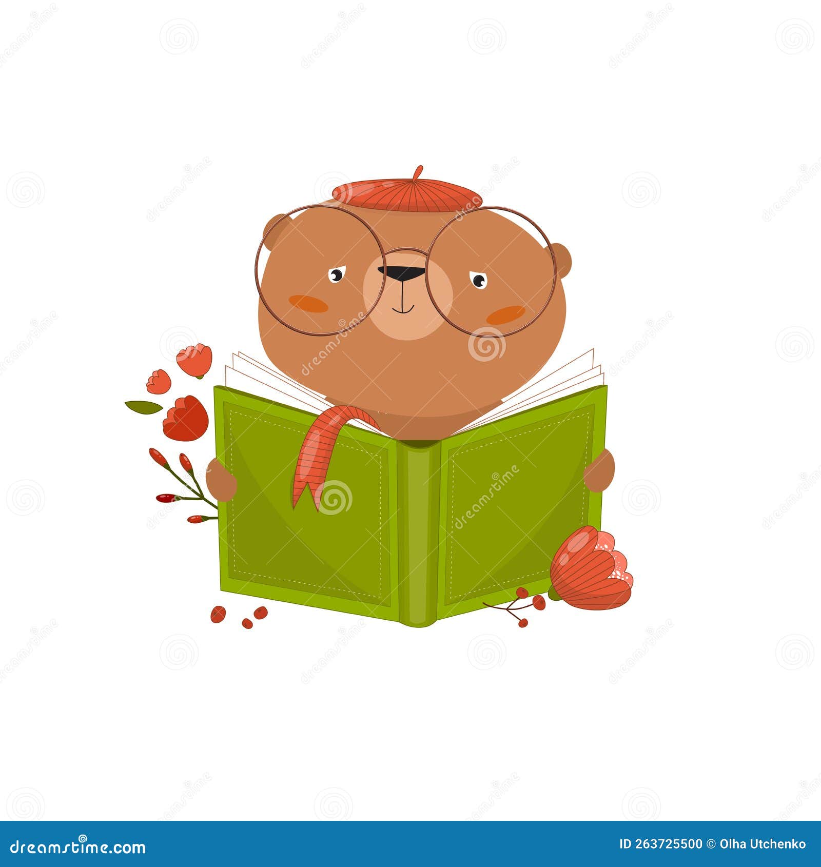 Print. Vector Cartoon Bear Reading. Bear is Learning. Cute Bear with ...