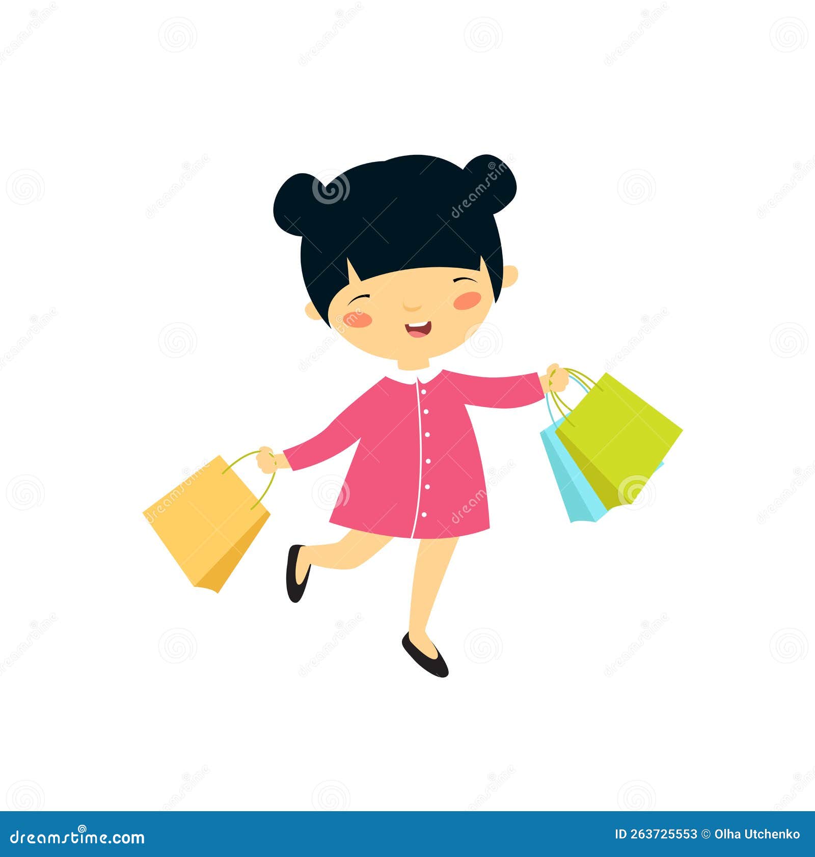 Print. Shopping Girl. Asian Girl is Shopping. Happy Girl. Cartoon ...