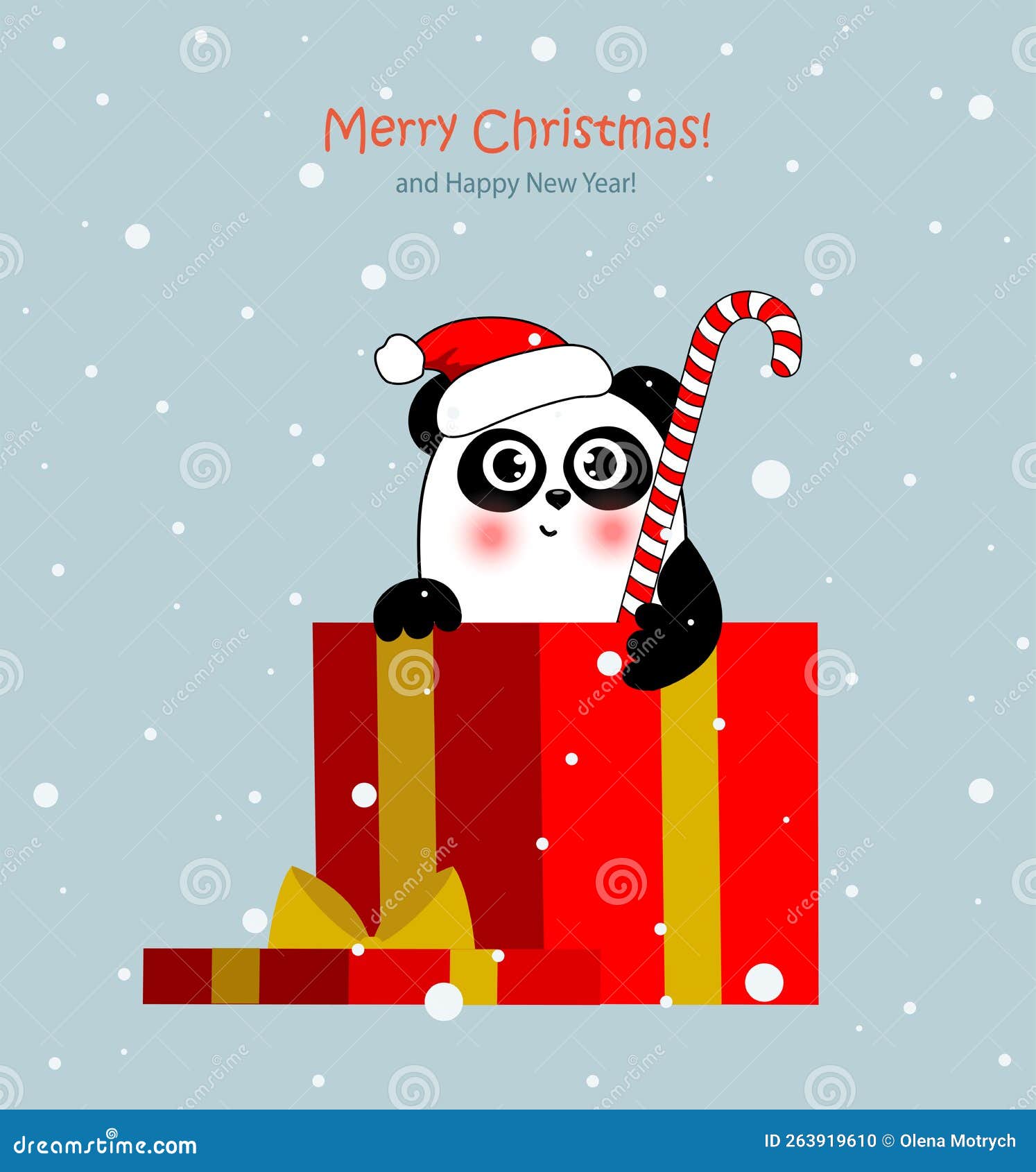 Cute Cartoon Christmas Panda in Santa Hat with Candy Sits in Present ...