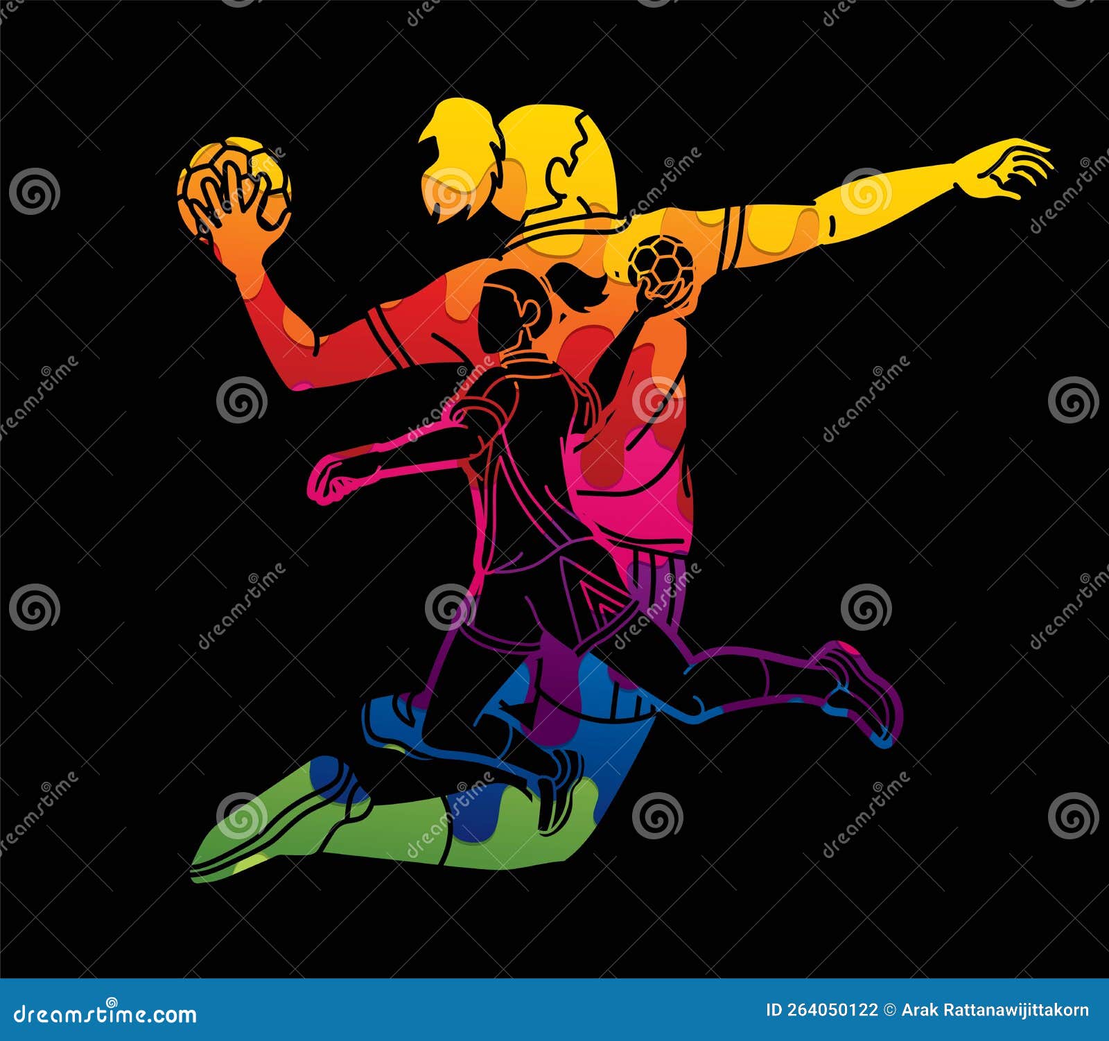 Group of Handball Players Female Mix Action Cartoon Sport Team Graphic ...