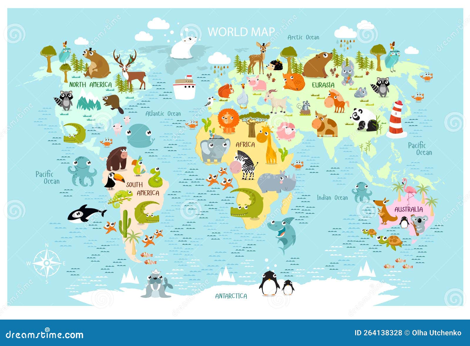 Print. Vector Map of the World with Cartoon Animals for Kids. Stock ...