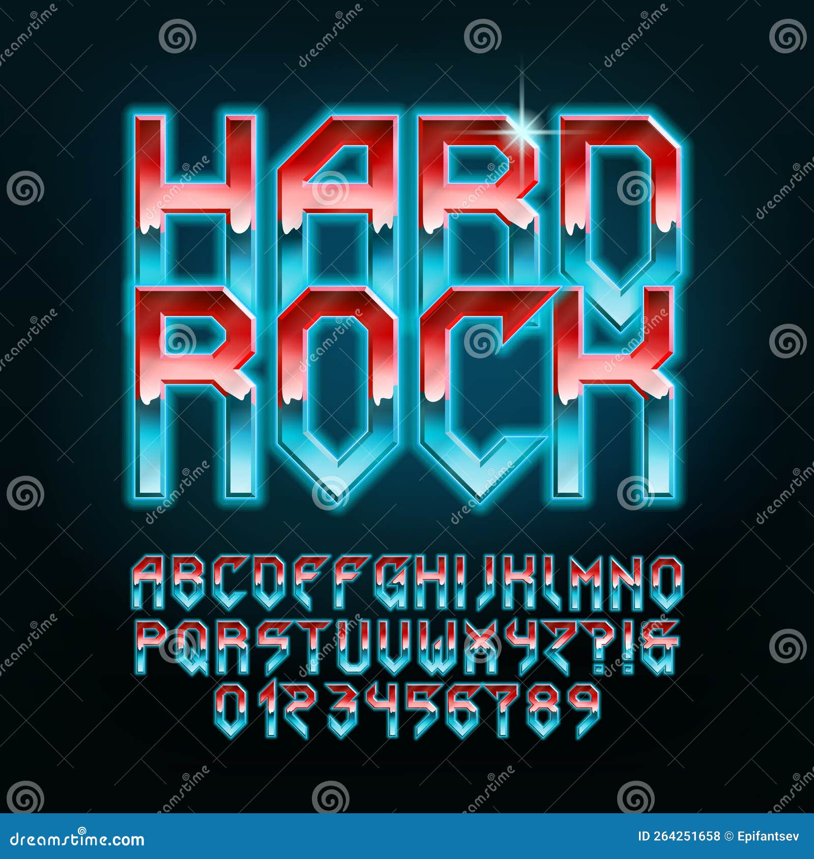 Hard Rock Alphabet Font. Glowing Letters, Numbers and Punctuations in ...