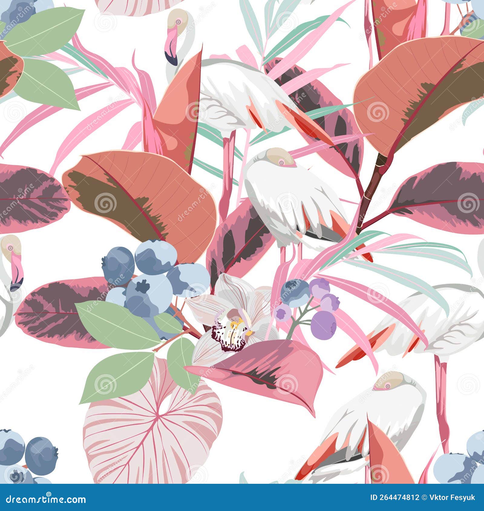Art Floral Seamless Pattern. Blueberry Fruits and Pink Leaves Stock ...
