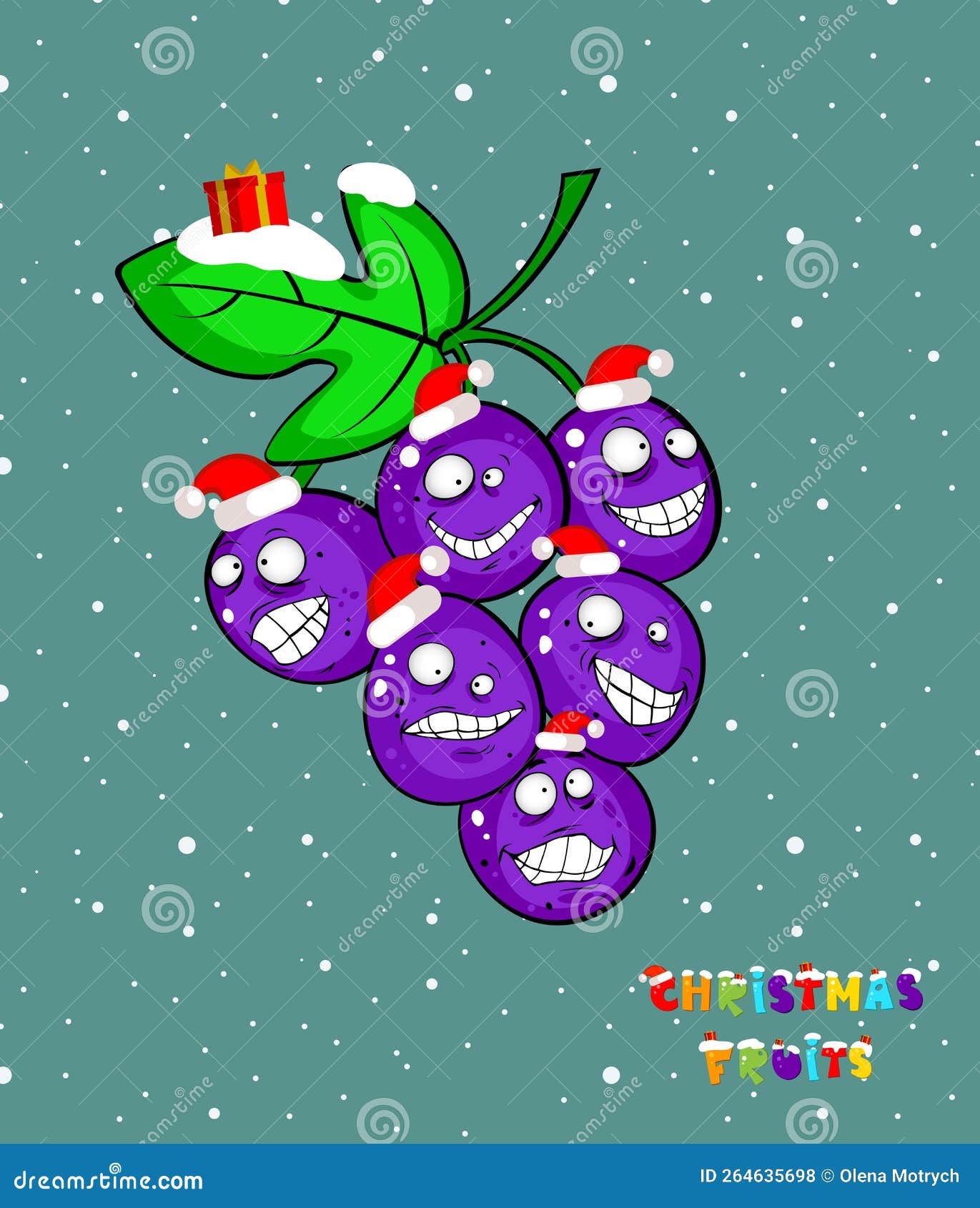 Christmas Fruits with Grape in Santa Hat. Illustration Fanny Fruits ...