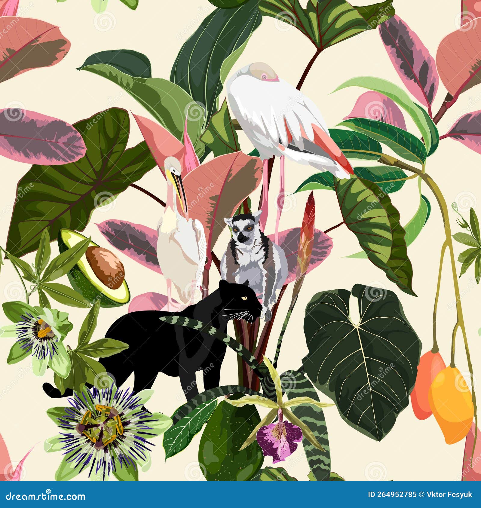 Seamless Tropical Safari Pattern Background with Many Kind of Exotic ...