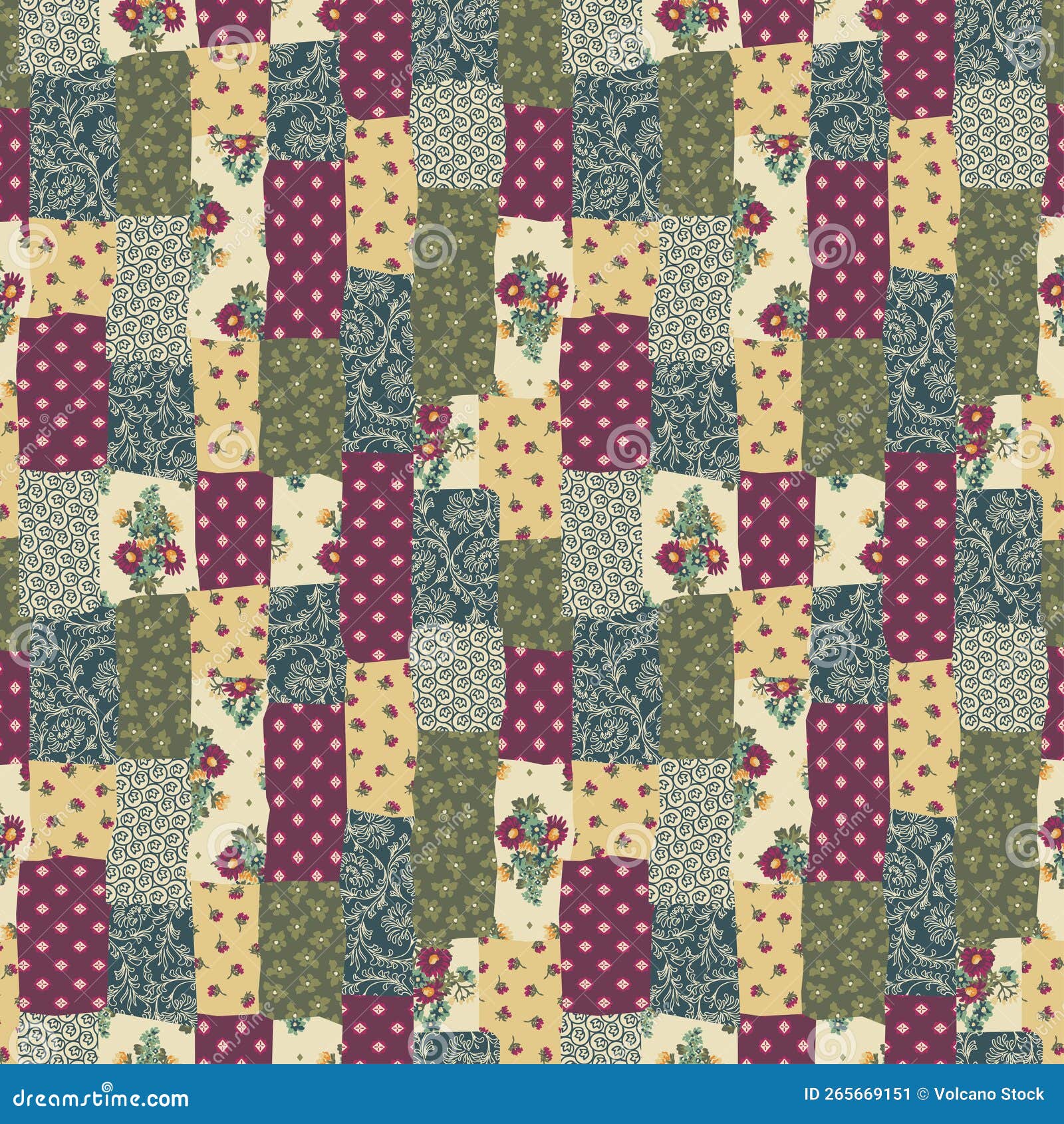 Vector Colorful Abstract Hand Drawn Seamless Patchwork Pattern with Floral Ornaments, Stylized ...