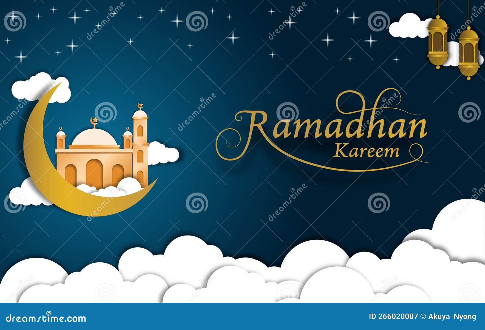 Ramadan Kareem Banner With Paper Cut Shape Mosque, Moon, Arabic Lantern ...