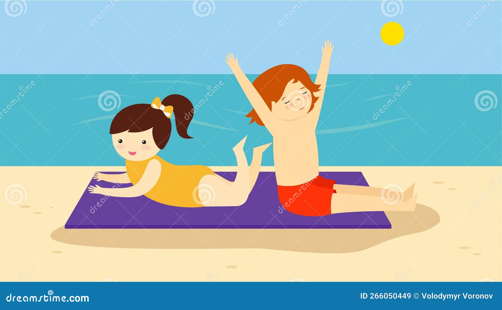 Boy and Girl Sunbathing on the Beach on a Rug Near the Sea Stock Vector ...
