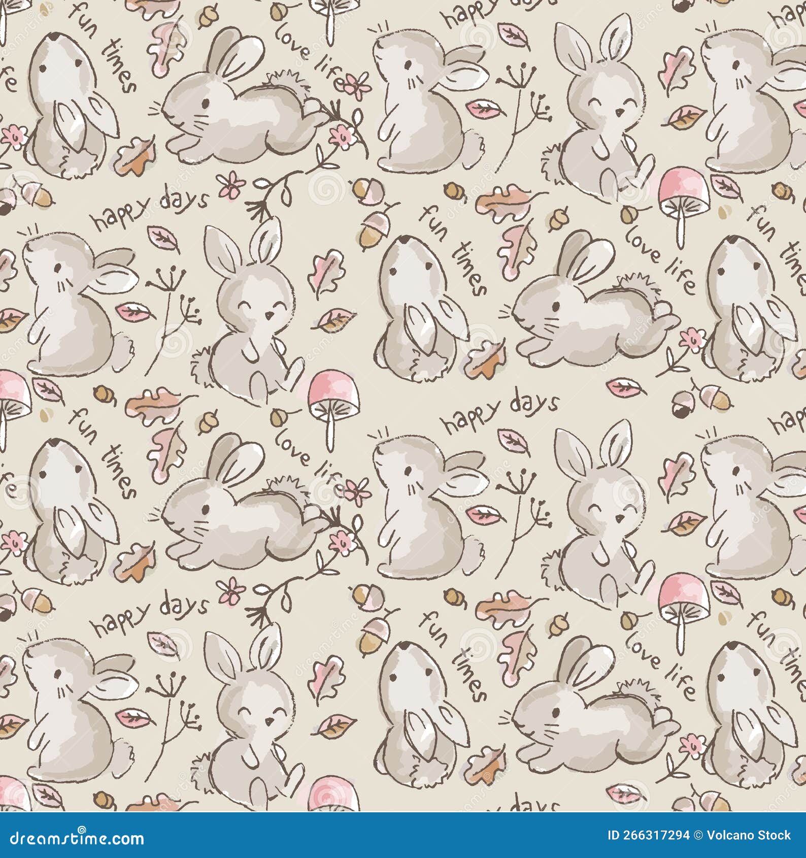 Seamless Pattern with Cute Rabbits, Flower and Leaves Typography. Hand ...
