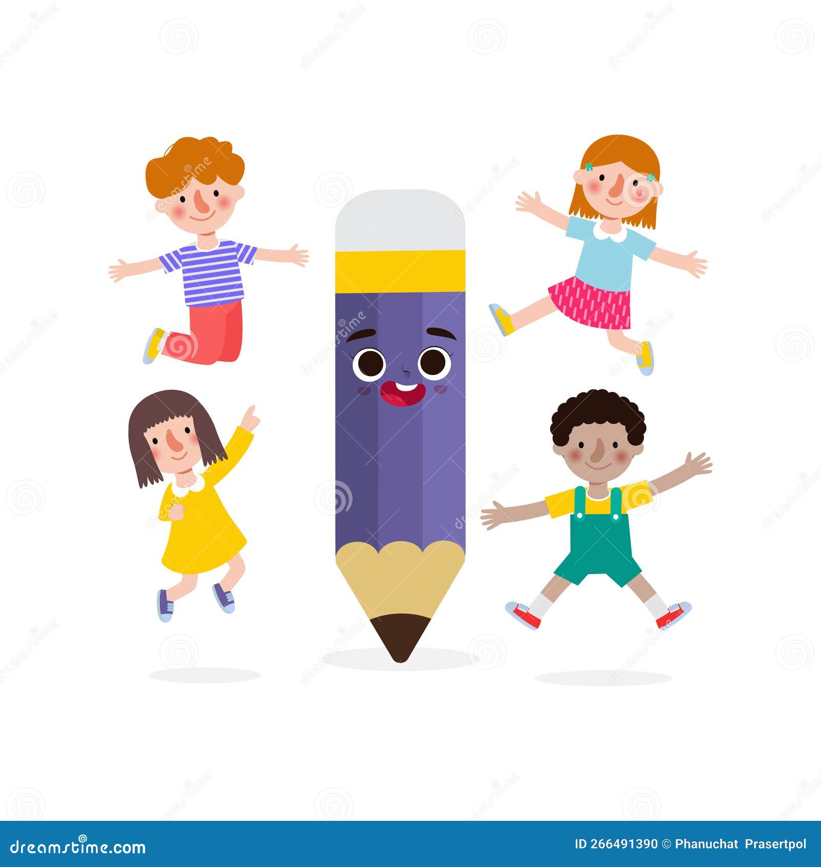 Children Posing with Pencil Character, Back To School, Cartoon Children ...
