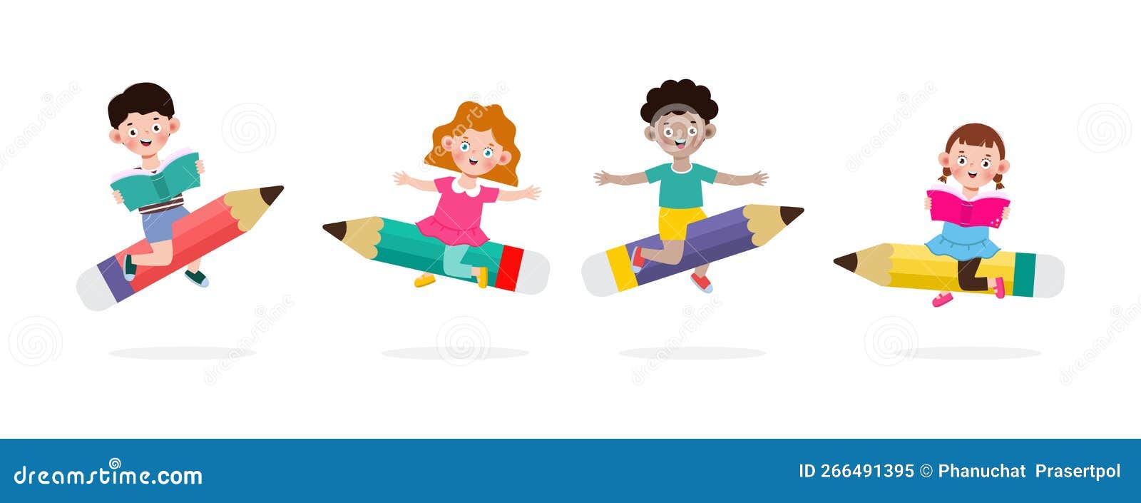 Children Posing with Pencil Character, Back To School, Cartoon Children ...