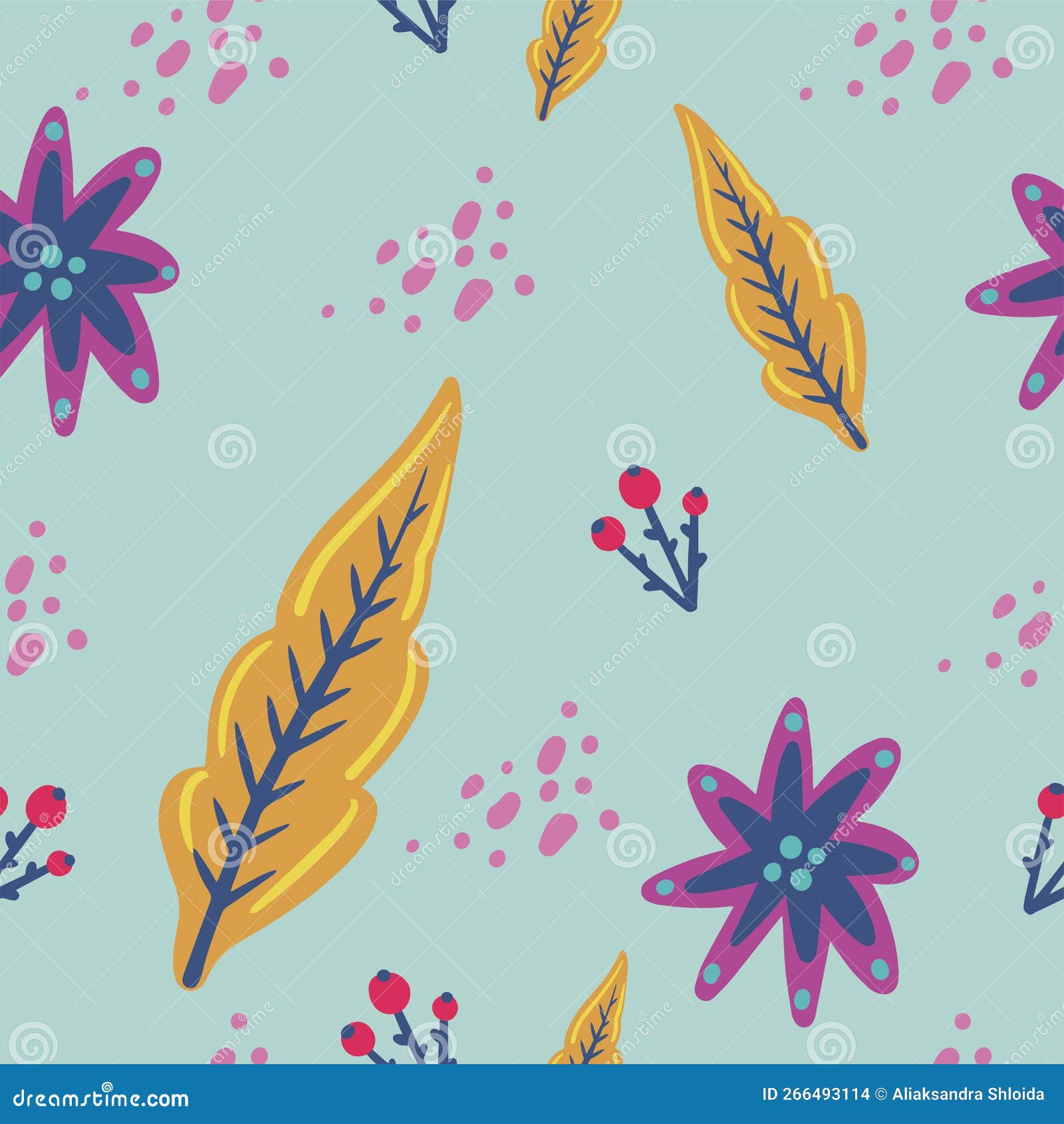 Flat Hand Drawn Floral Pettern with Purple Flowers, Branches, Yellow ...