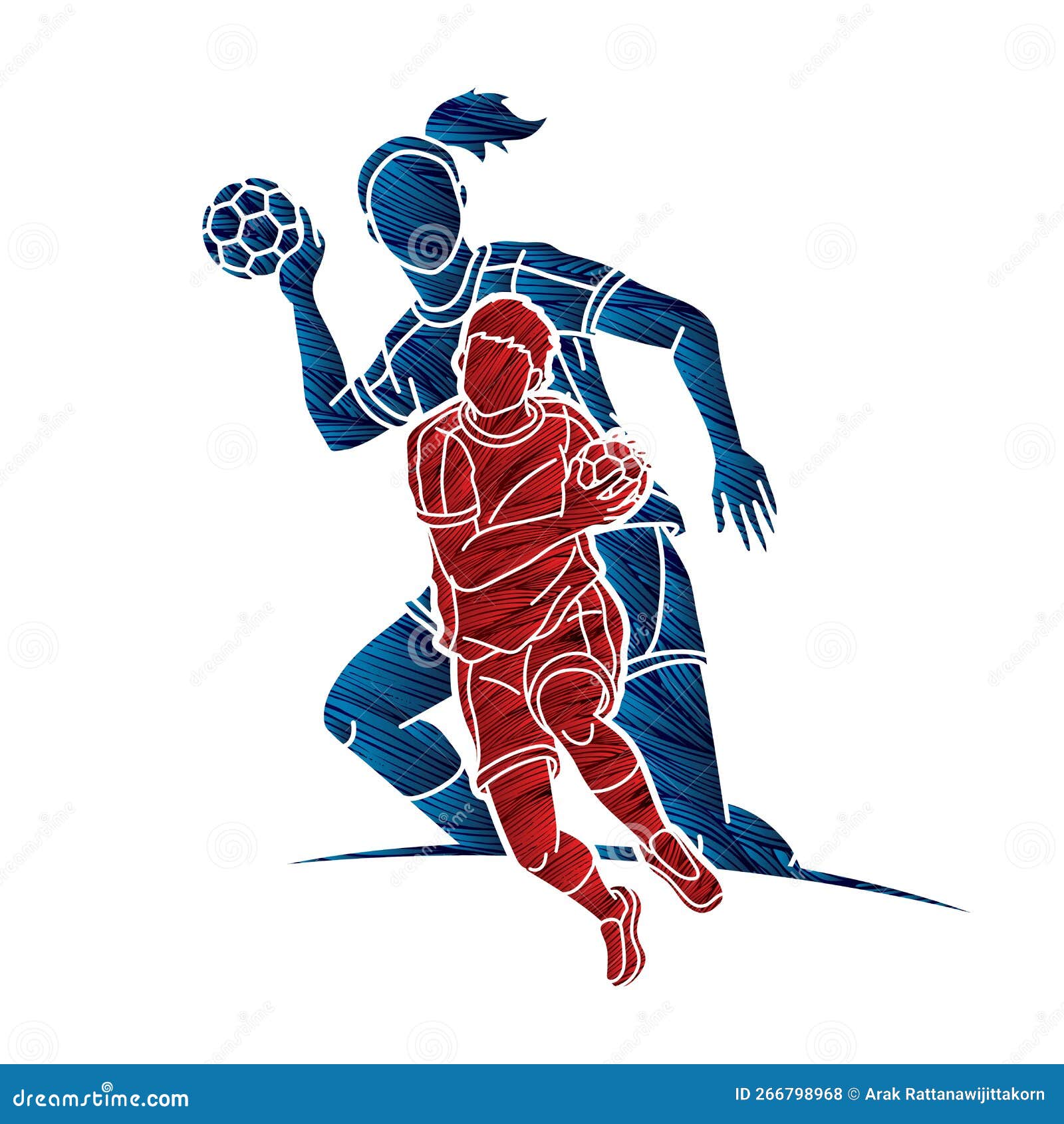 Handball Sport Male and Female Players Team Mix Action Cartoon Graphic ...