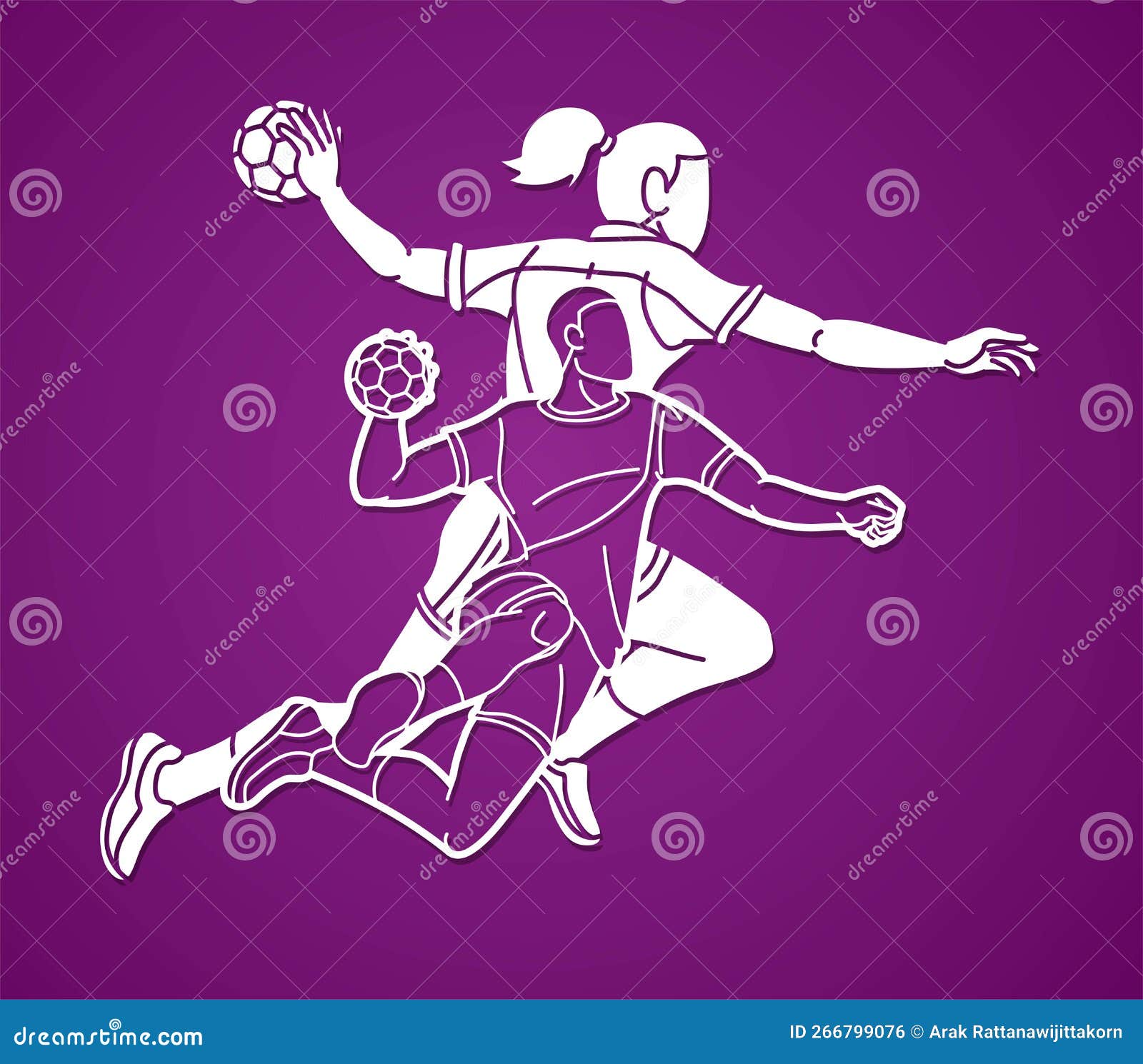 Handball Sport Male and Female Players Team Mix Action Cartoon Graphic ...