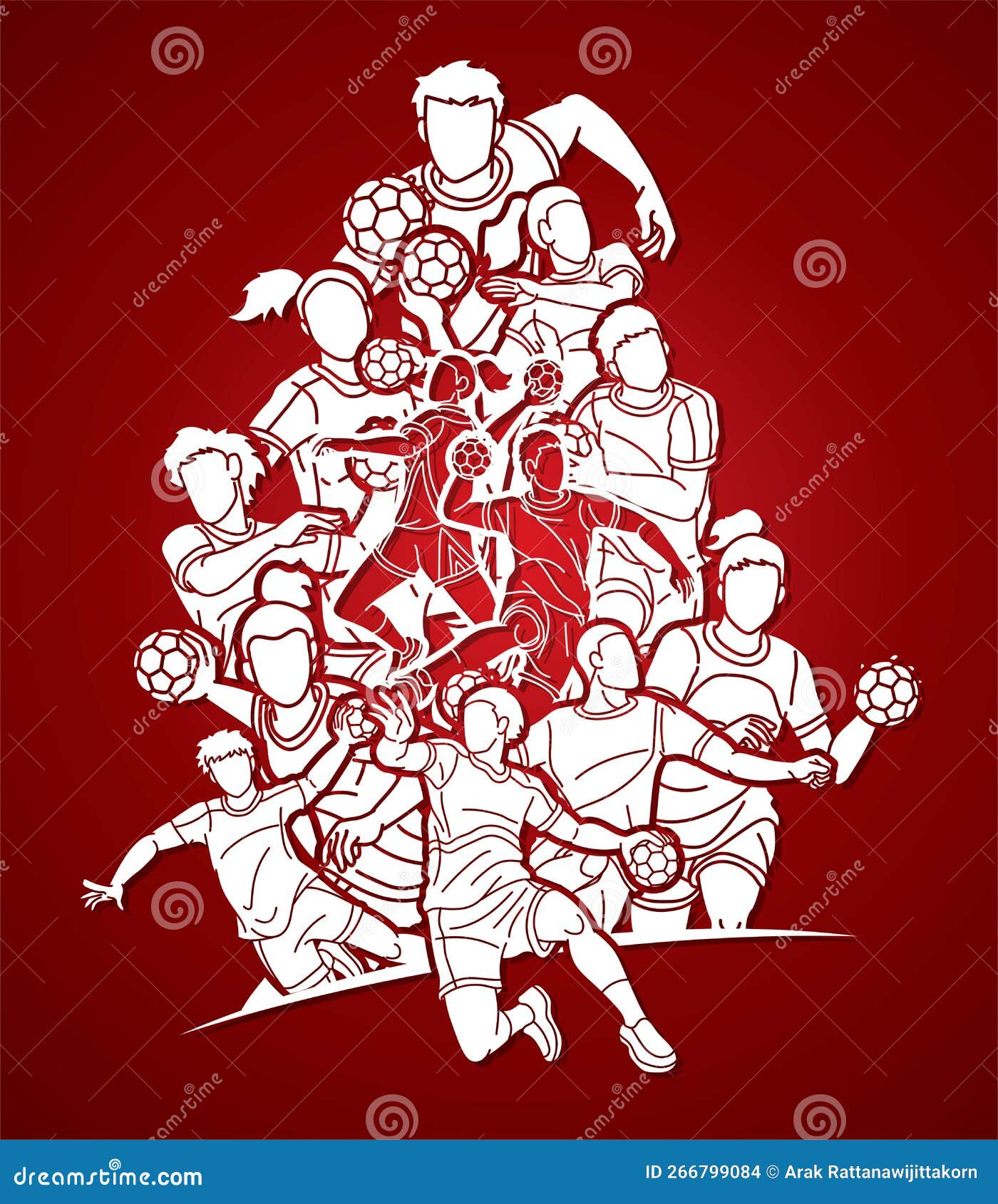 Handball Sport Male and Female Players Team Mix Action Cartoon Graphic ...
