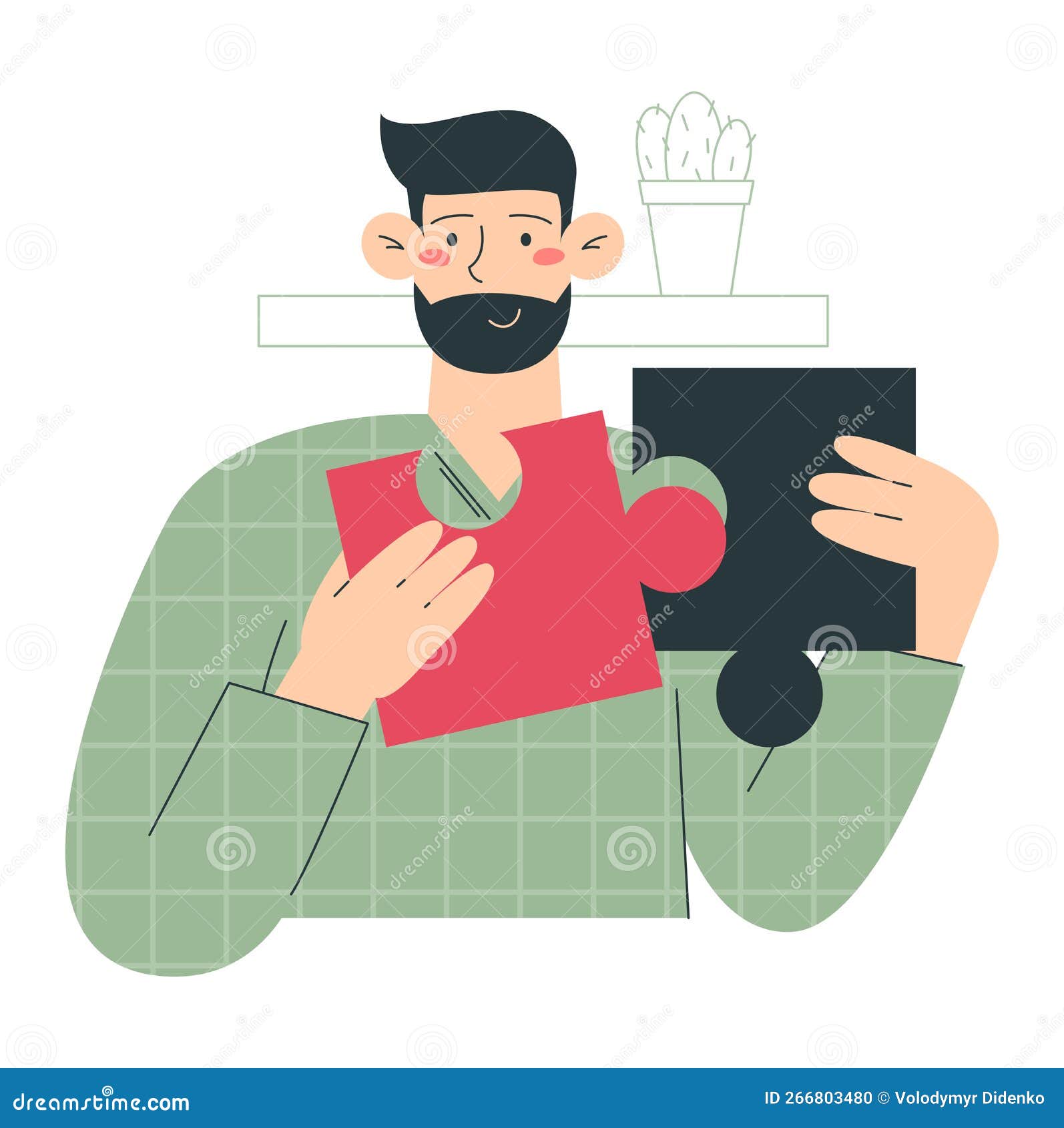 Man with a Puzzle Pieces in His Hands. Flat Vector Minimalist ...