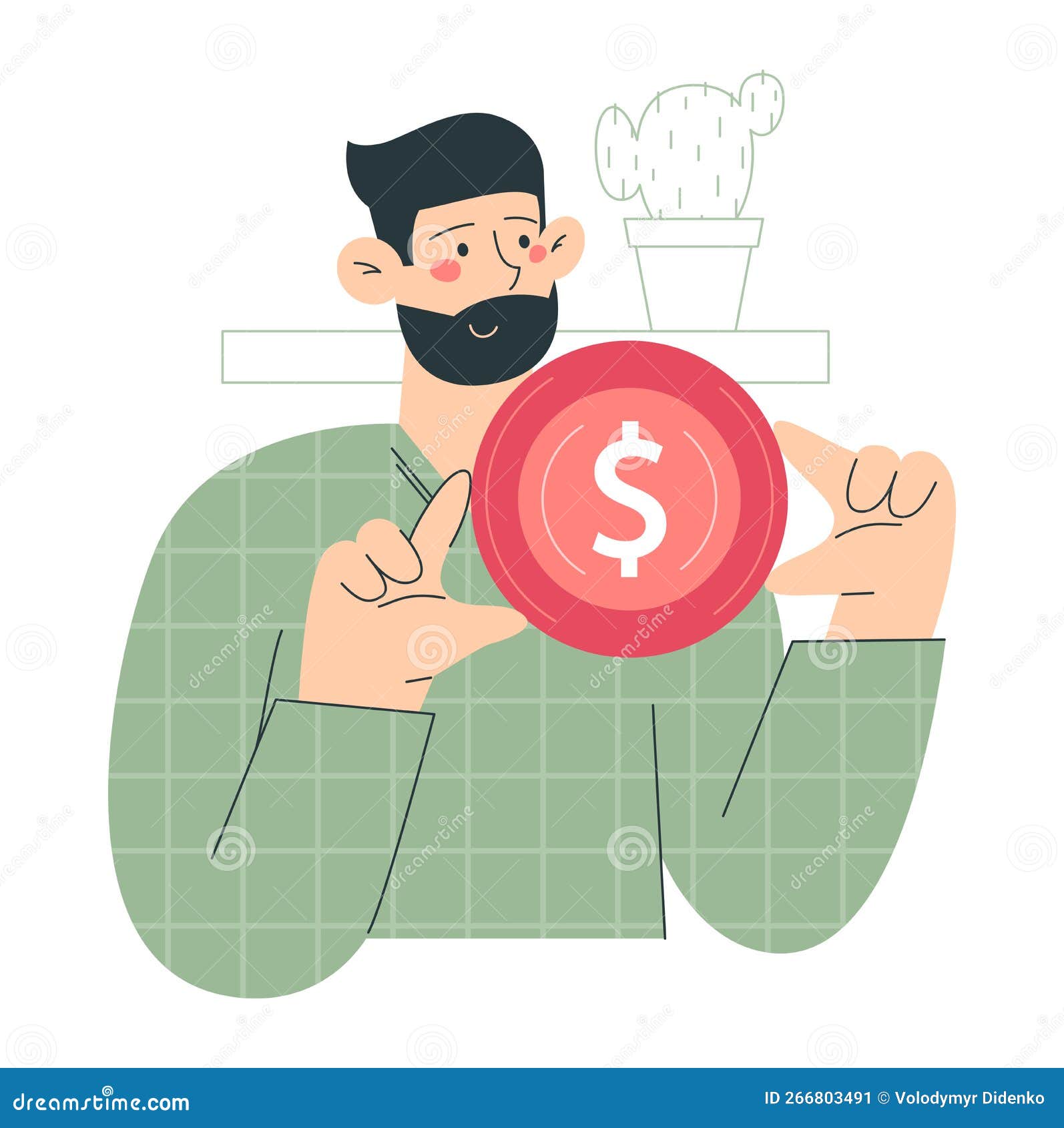 Happy Man with Coin in His Hands. Flat Vector Minimalist Illustration ...