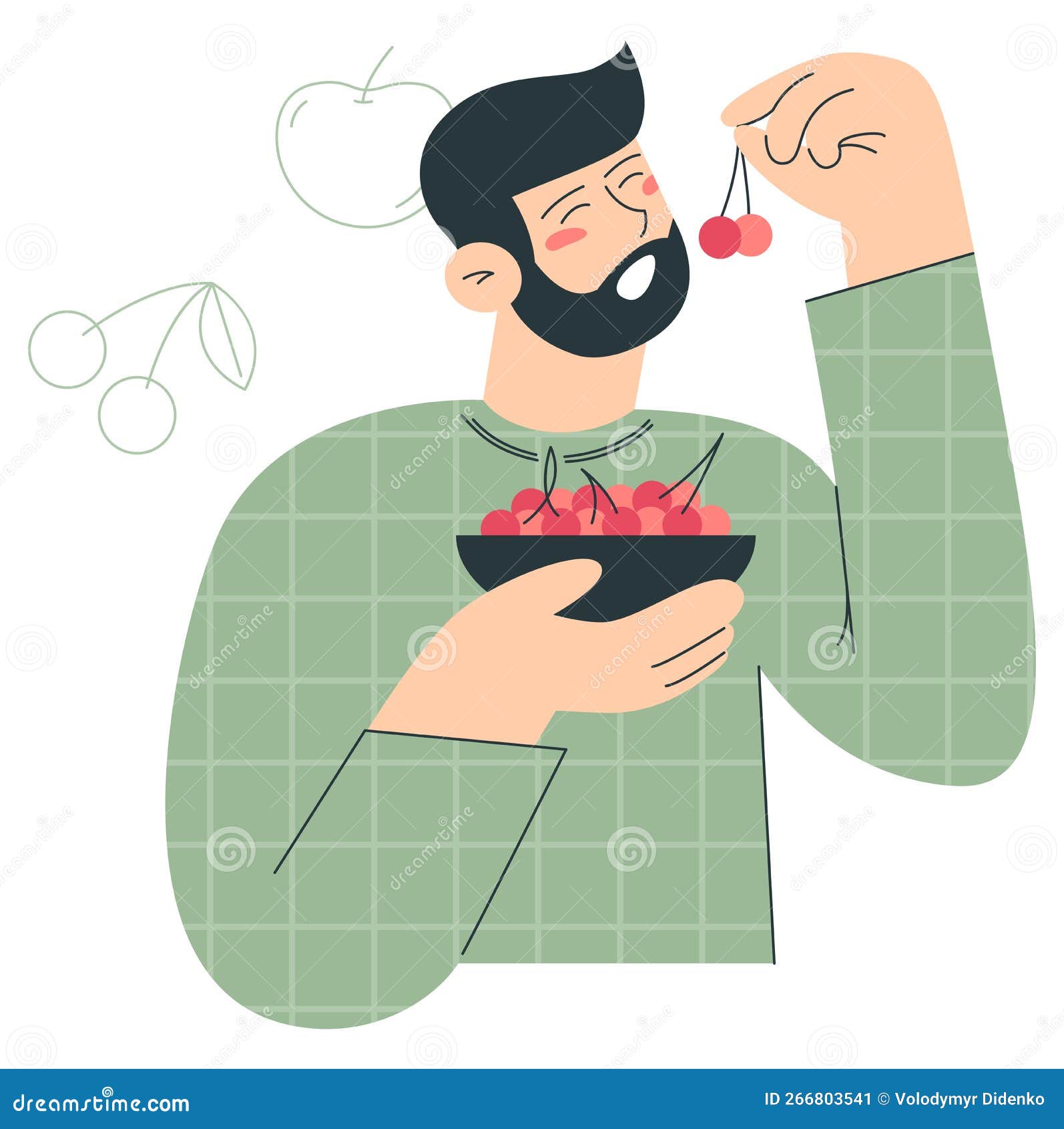 Man Eating Cherries. Flat Vector Minimalist Illustrations with Kitchen ...