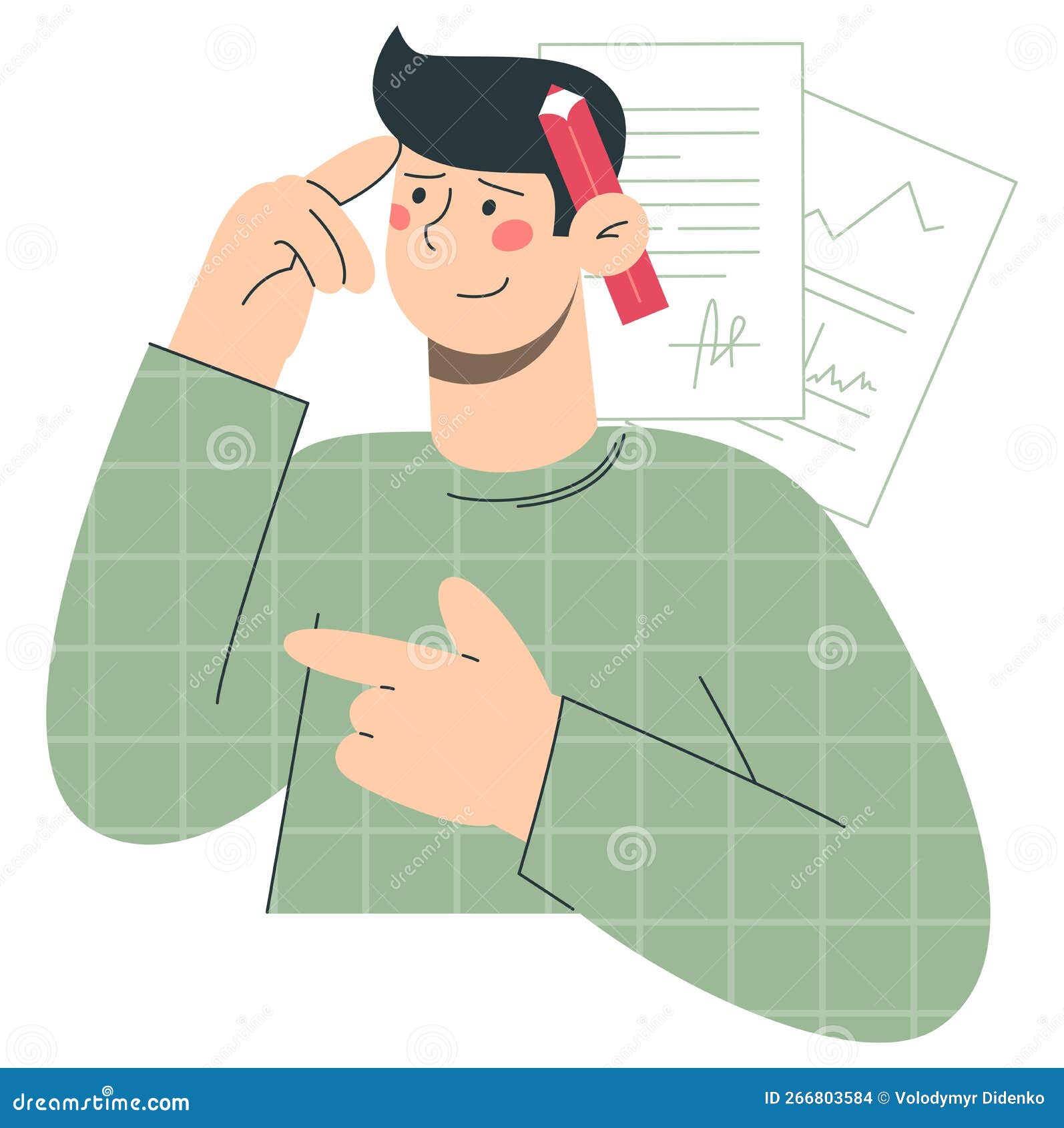 Man with a Pencil Thinking about Work. Flat Vector Minimalist ...