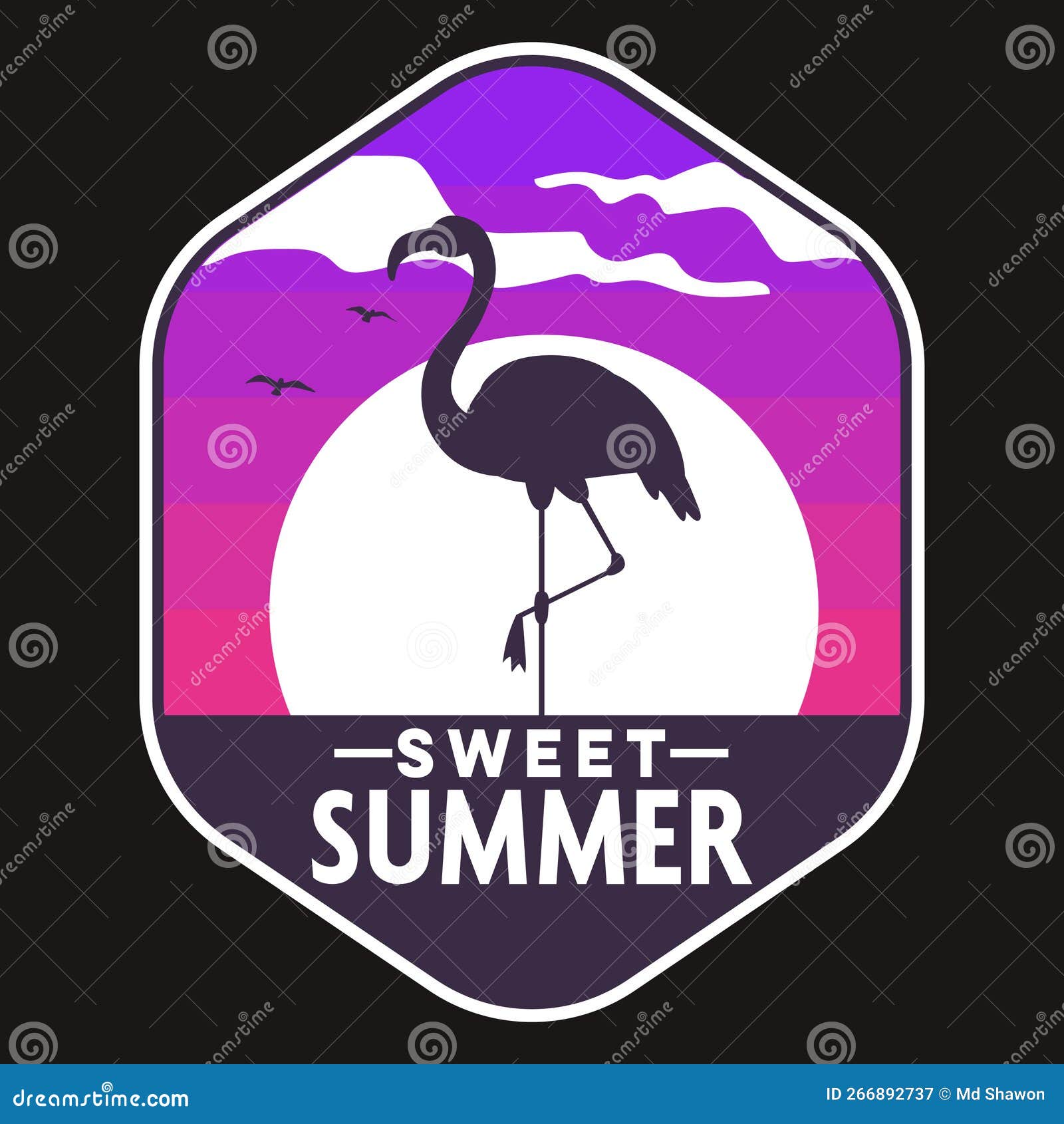 Summer Sunset Beach Flamingo Emblem Patch Logo Poster Label Vector ...