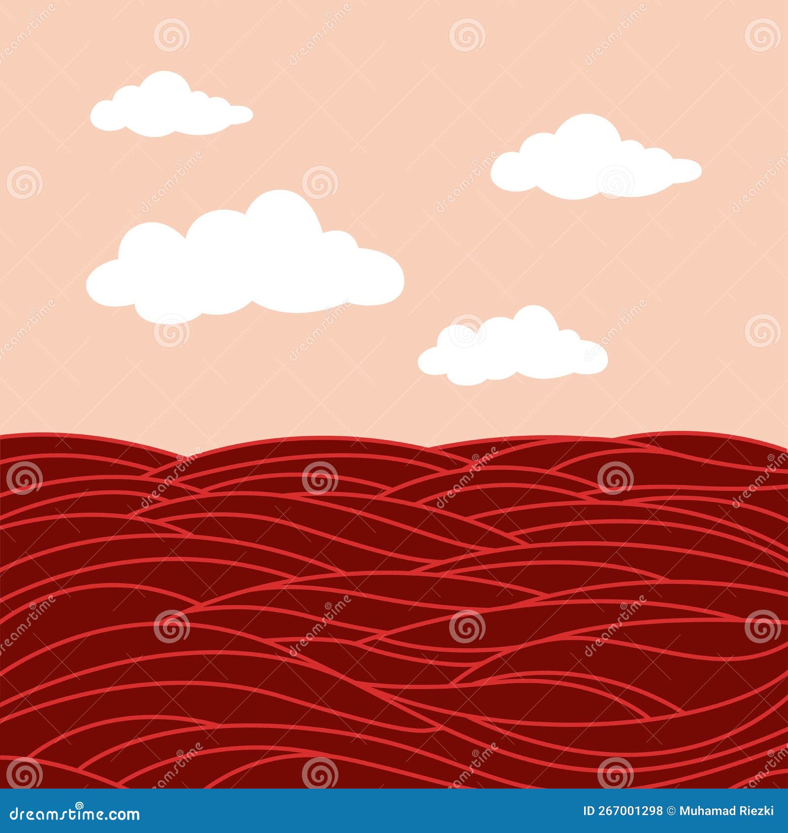 Textured Red Ocean Wave Background Design with Clouds. Flat Landscape ...