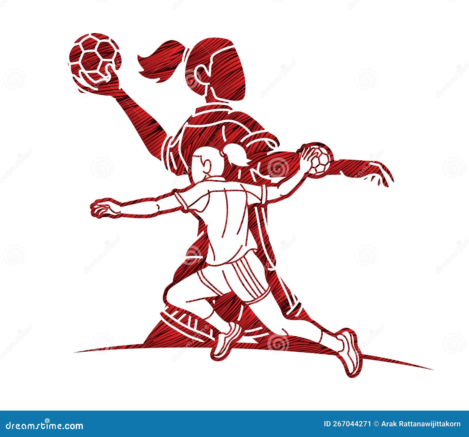Handball Sport Female Players Mix Action Cartoon Graphic Vector Stock ...